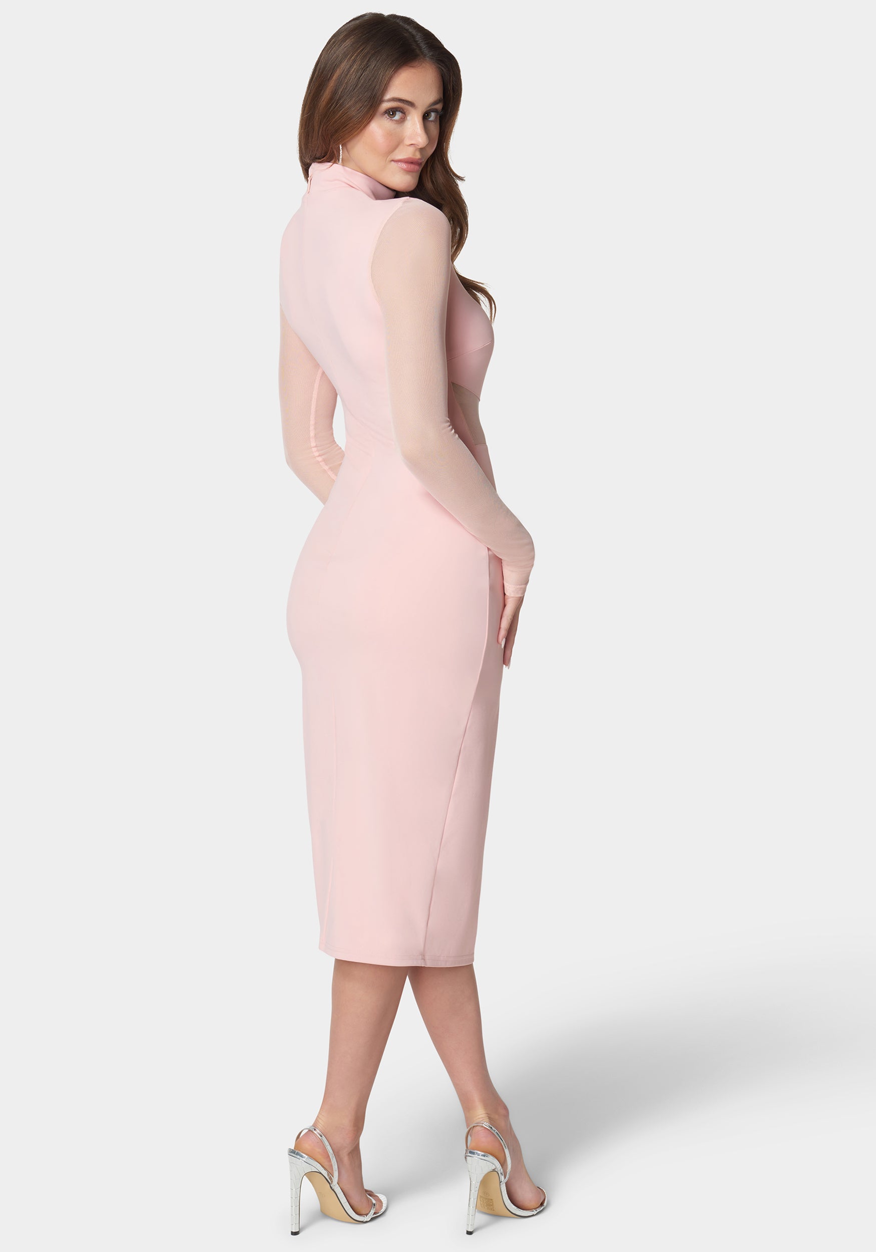 Mesh Inset Long Sleeve Midi Dress | bebe