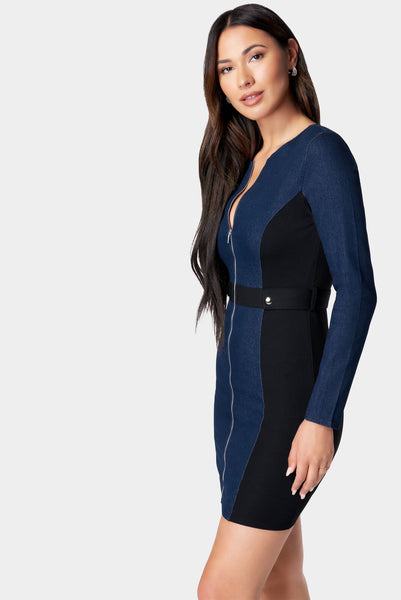 Zip Front Knit Colorblock Dress | bebe