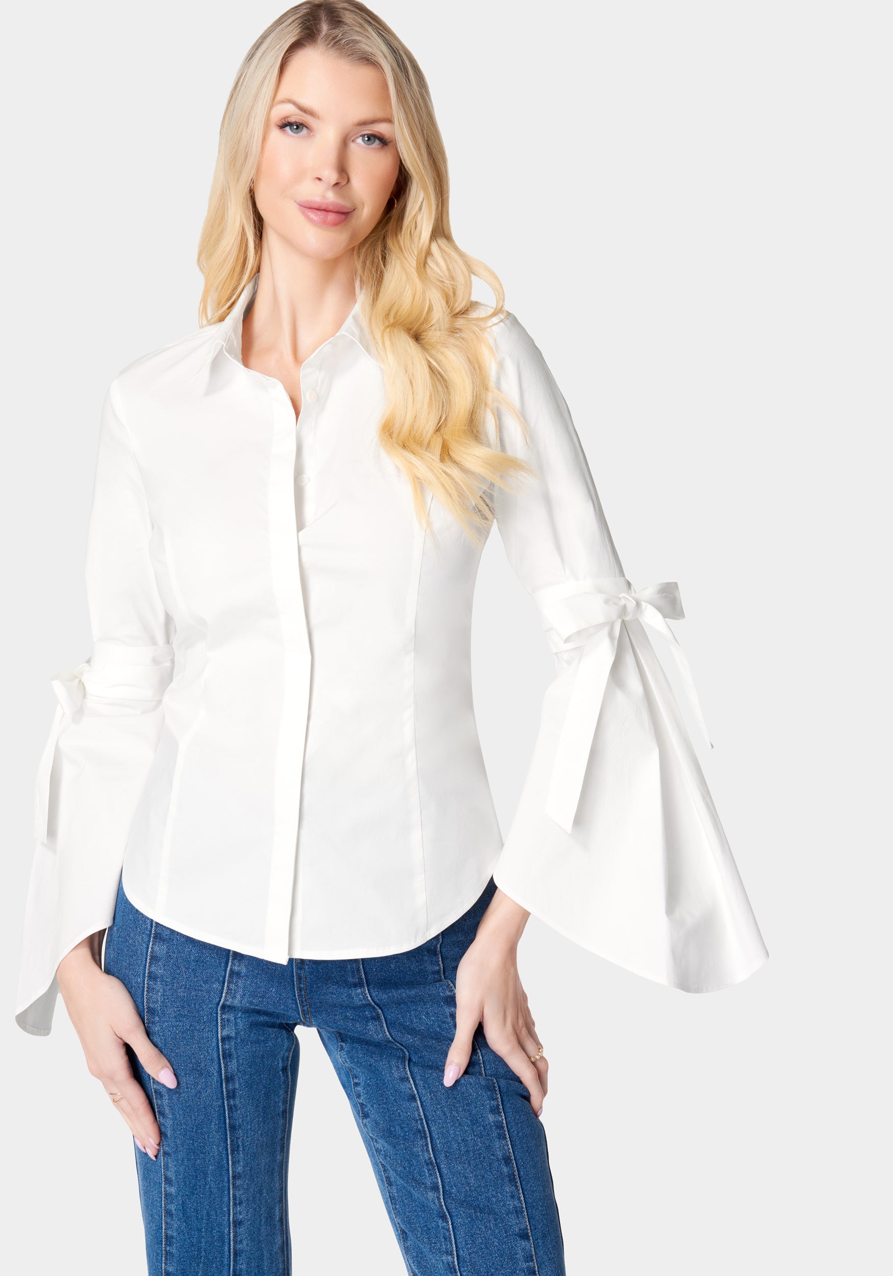 Button Down Bell Sleeve Poplin Blouse – bebe