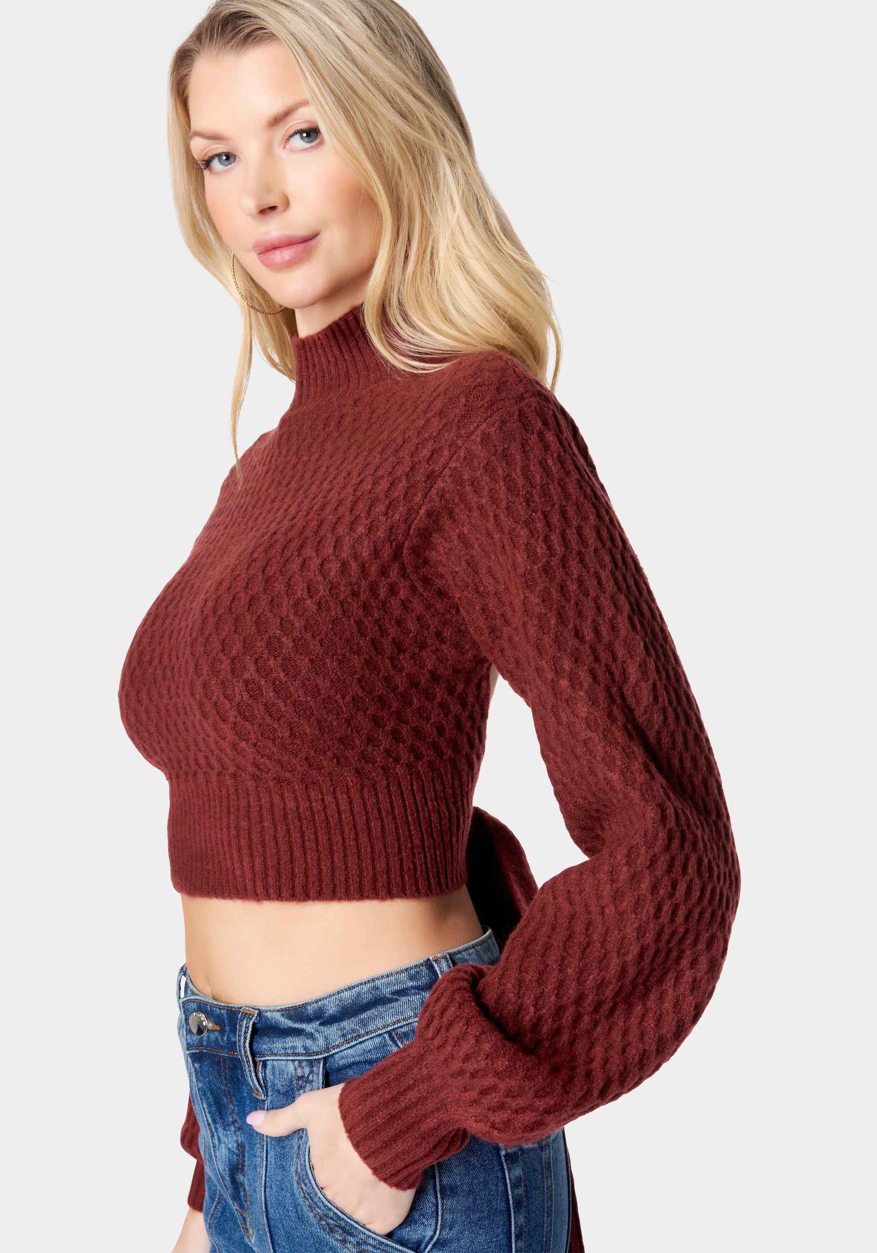 Open Back Mock Neck Sweater | bebe