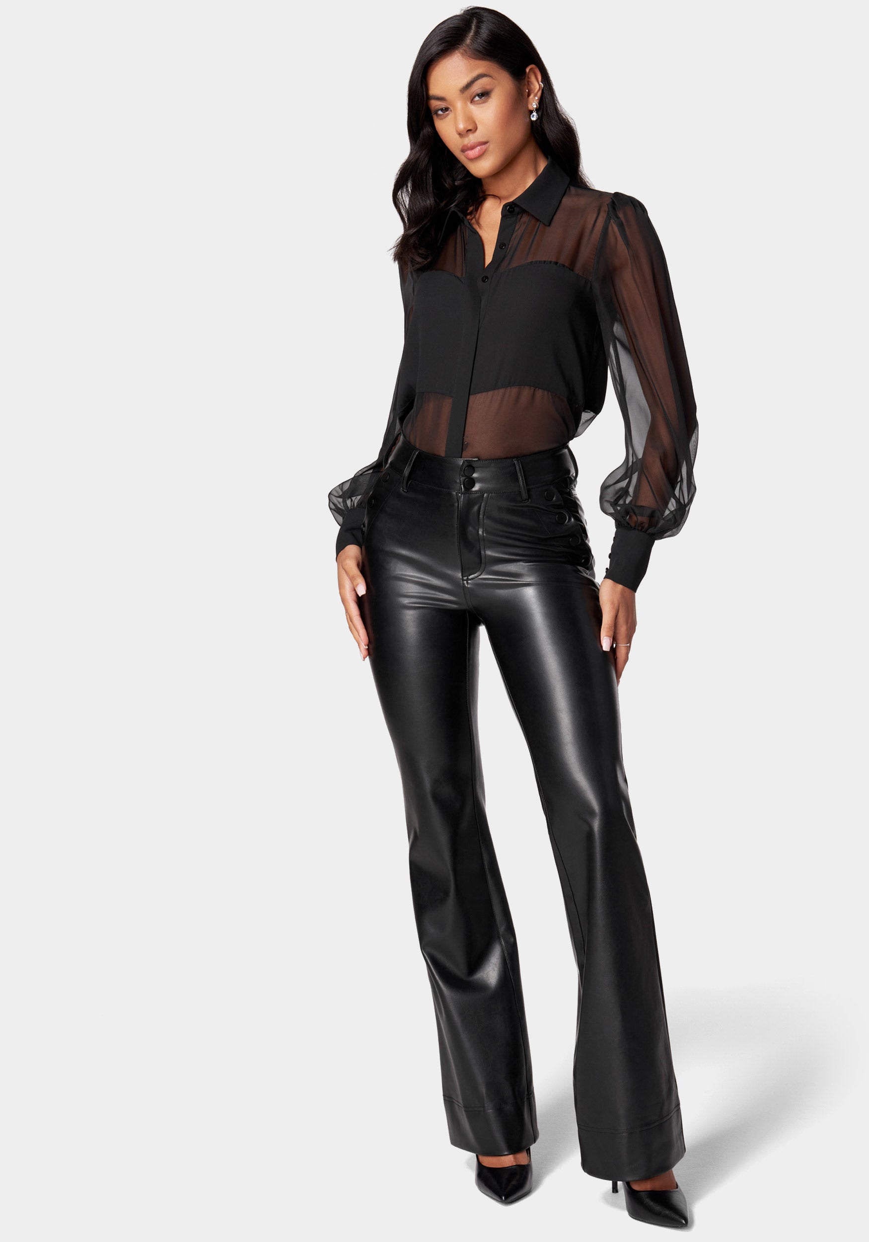 High Waist Flared Leg Vegan Leather Pant | bebe