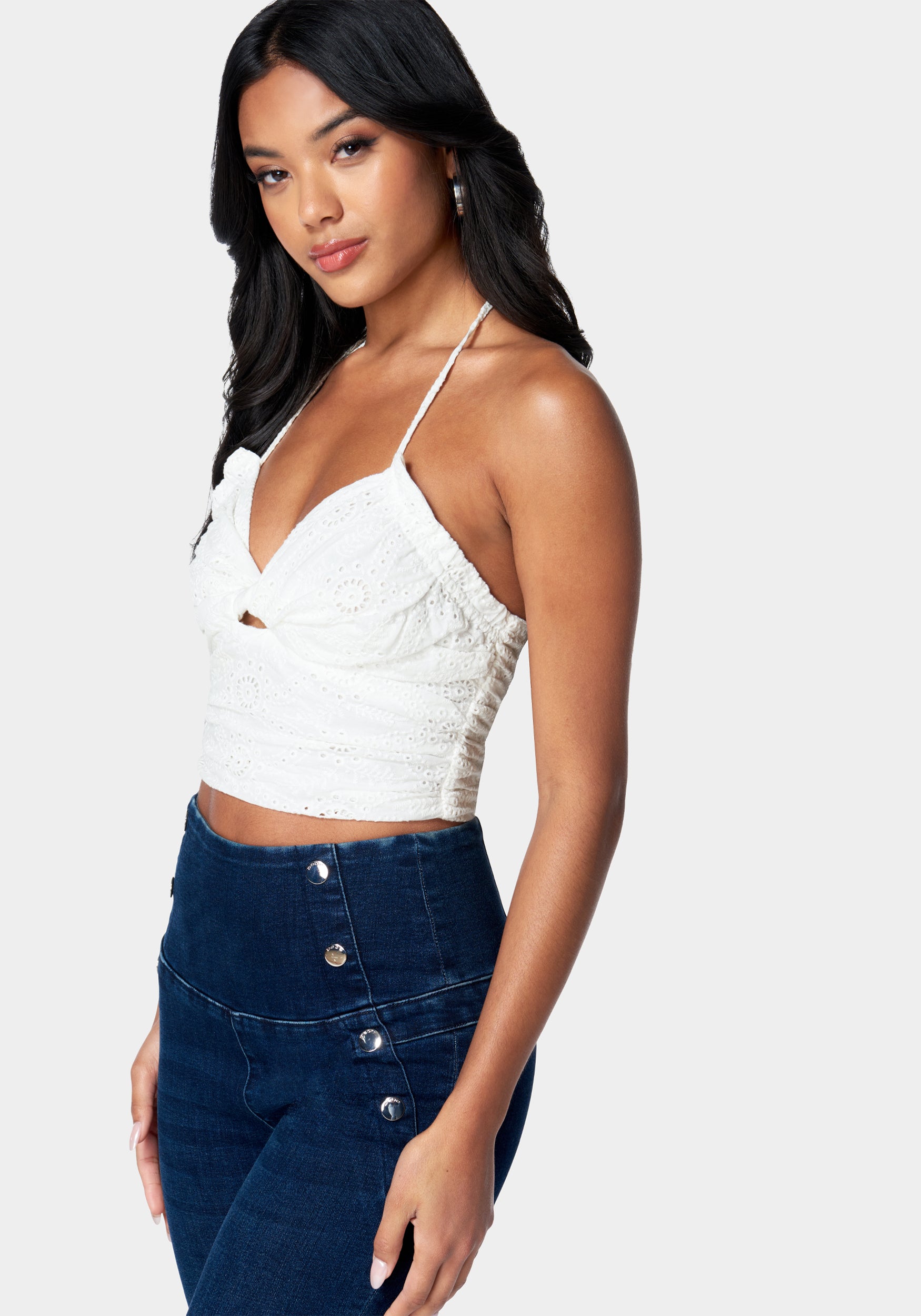 Eyelet Tie Back Ruched Halter Top | bebe