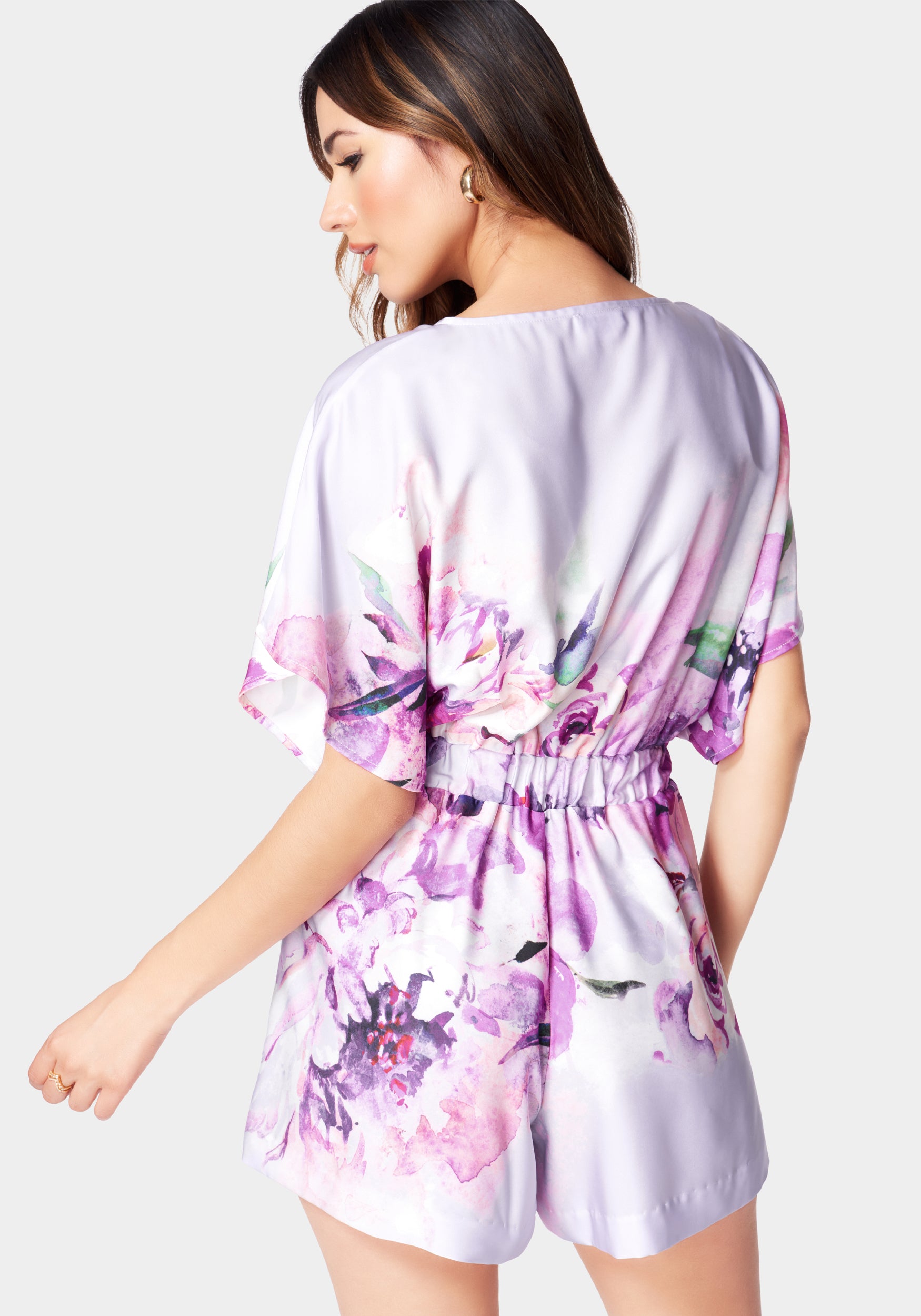 Dolman Sleeve Front Criss Cross Flared Satin Romper | bebe