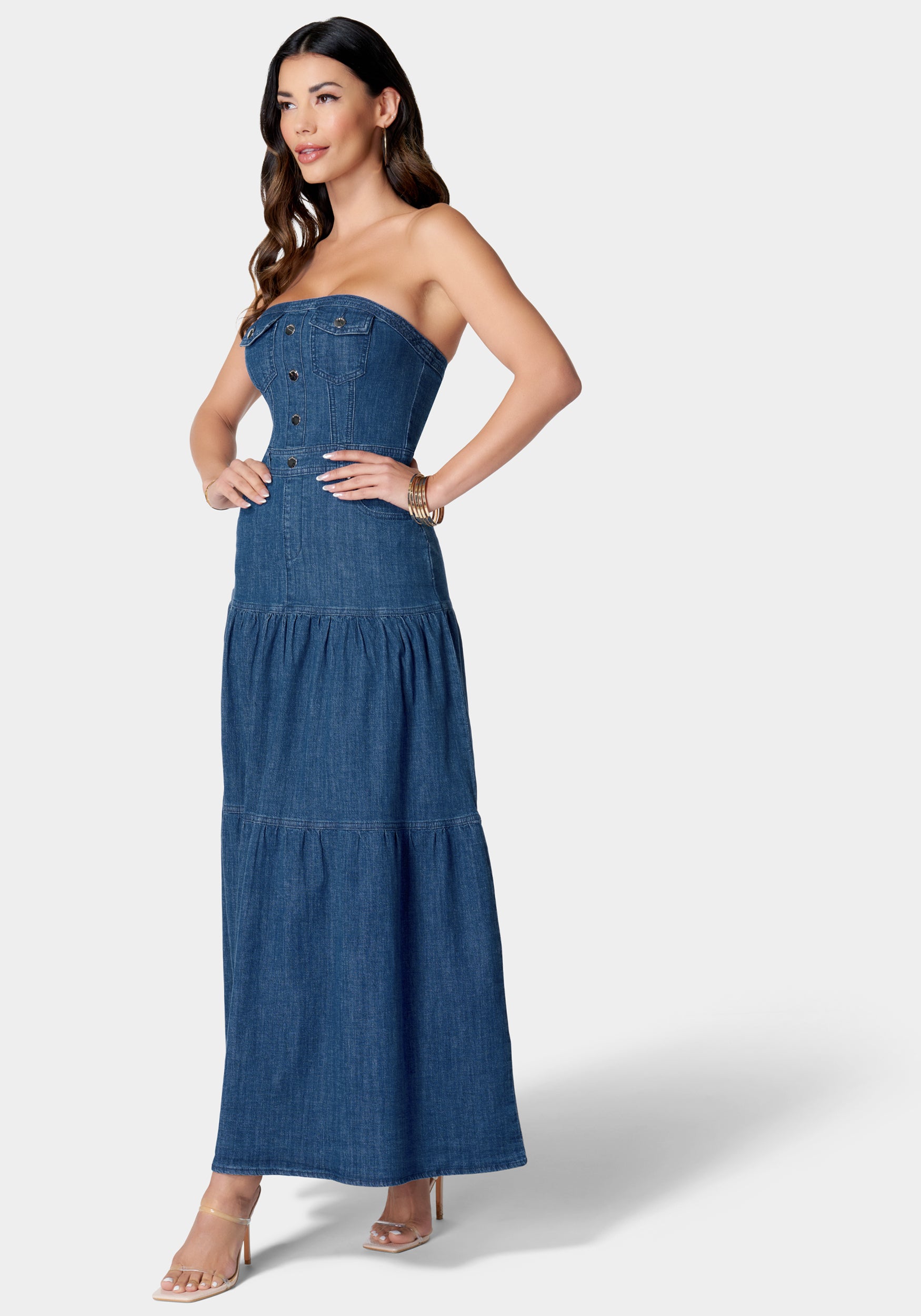 Strapless Tiered Lightweight Denim Dress | bebe