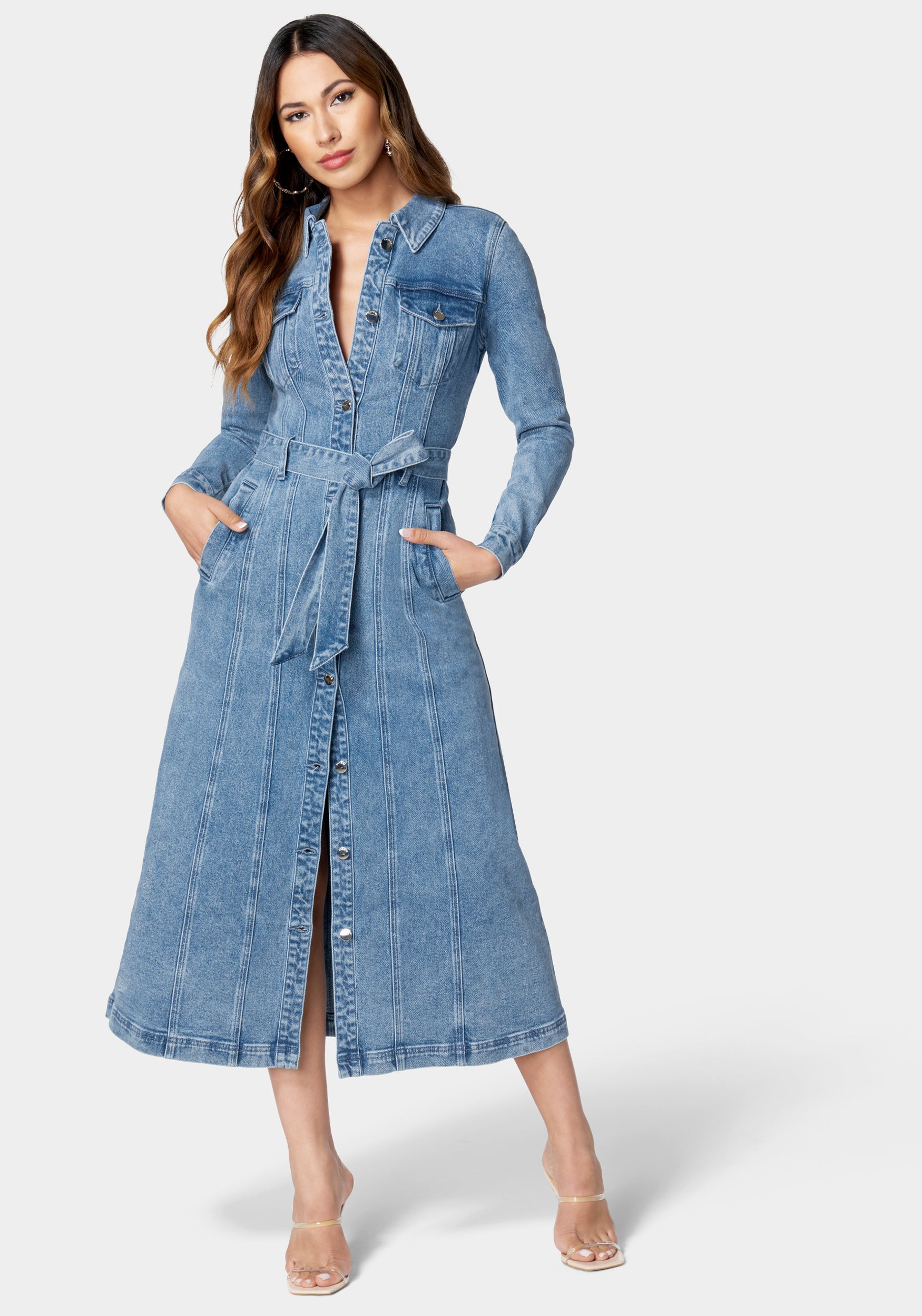 Button Down Long Denim Dress – bebe