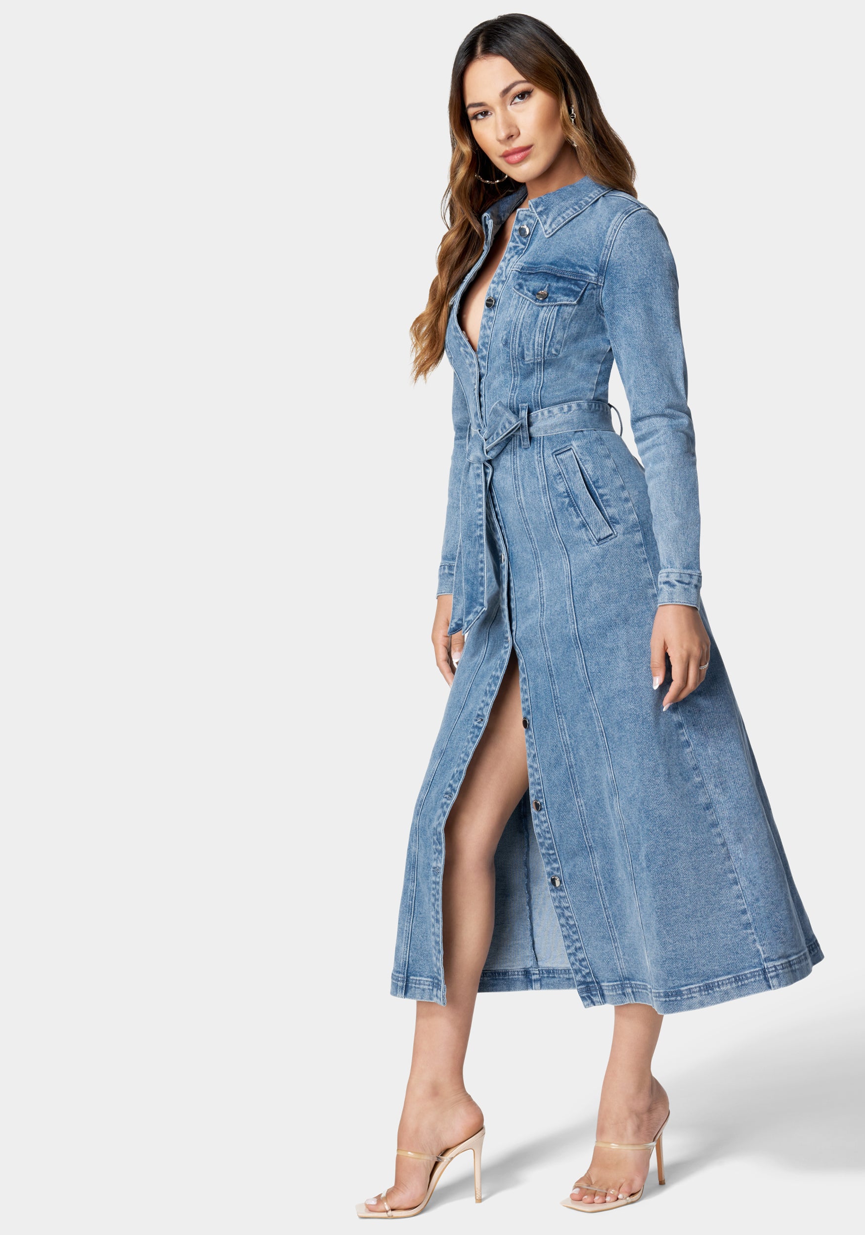Button Down Long Denim Dress | bebe