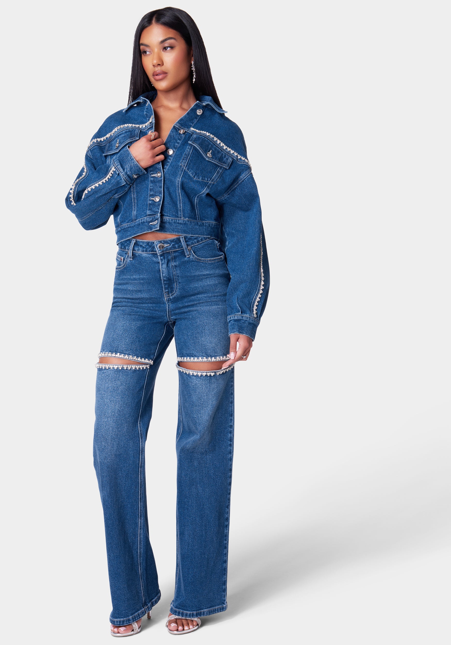 Natural Waist Rhinestone Detail Wide Leg Jean | bebe