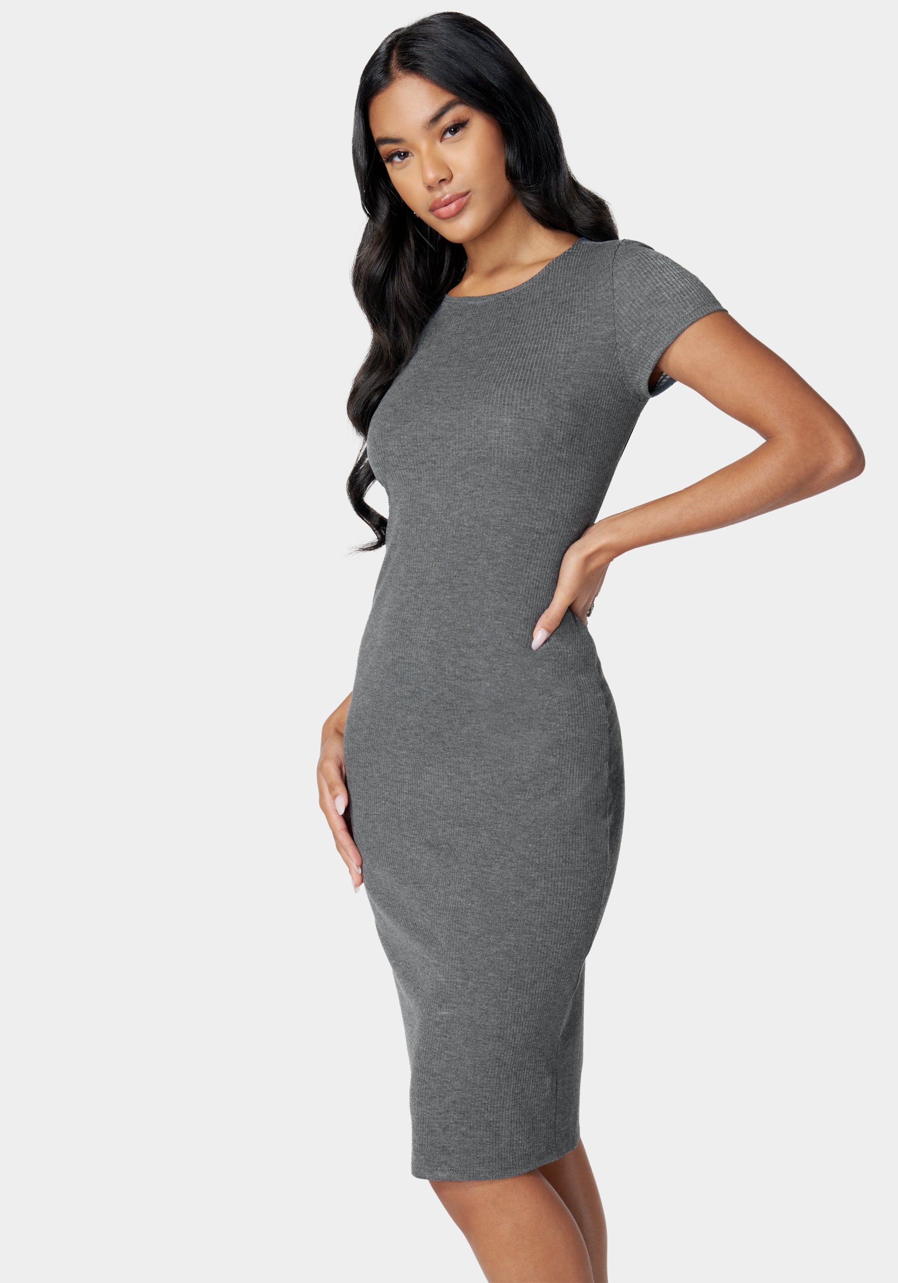 Short Sleeve Midi Rib T Shirt Dress Bebe