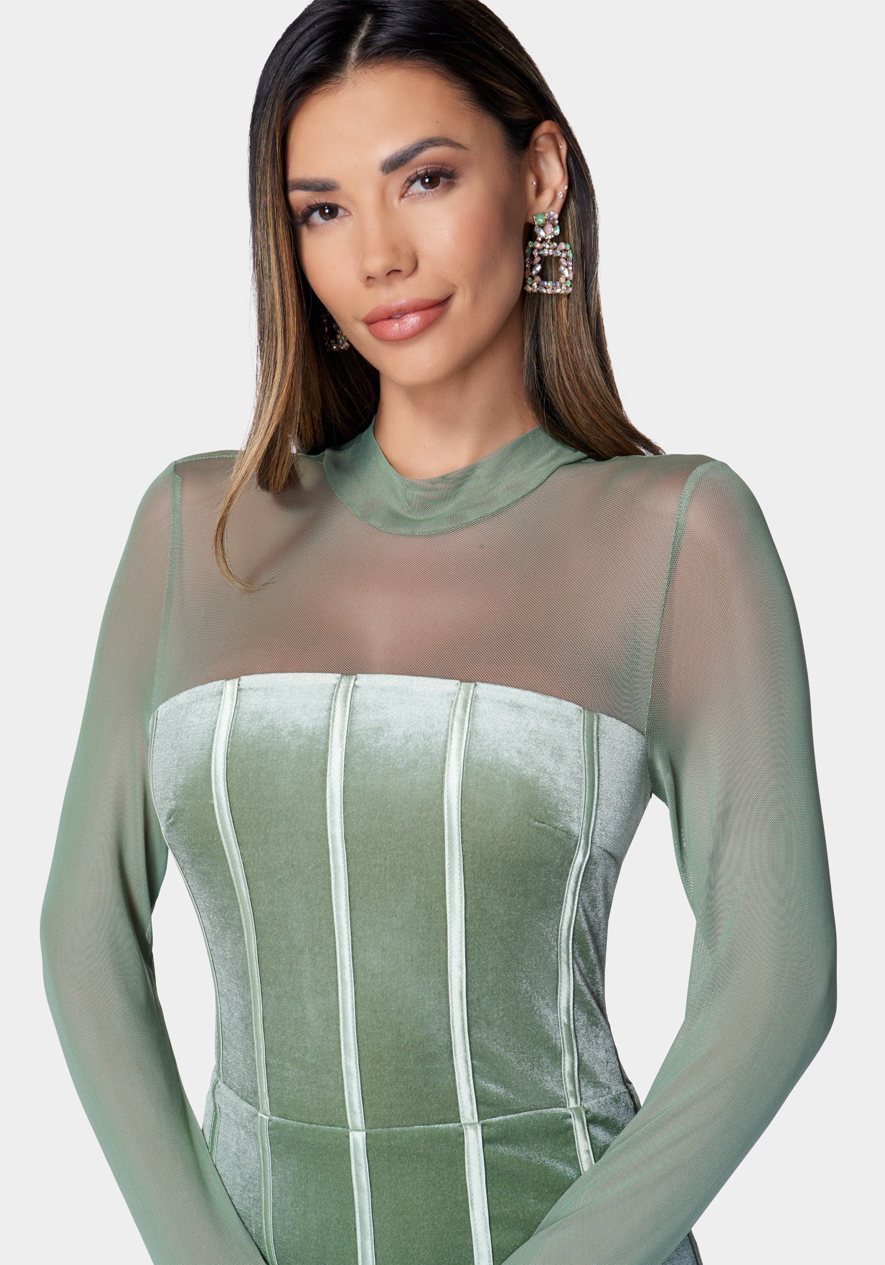 Mesh and Velvet Bodycon Dress | bebe