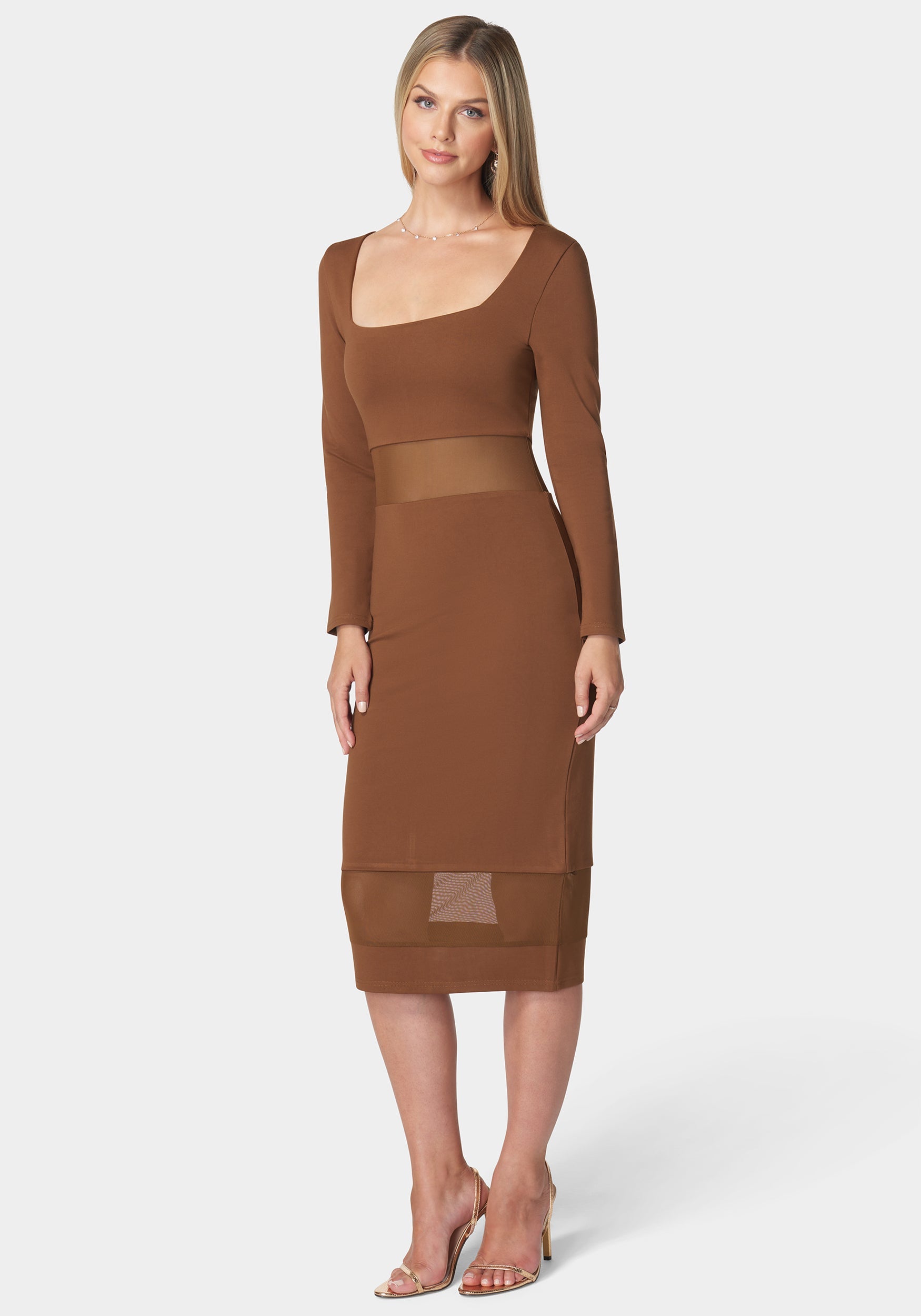 Square Neck Mesh Inset Dress | bebe