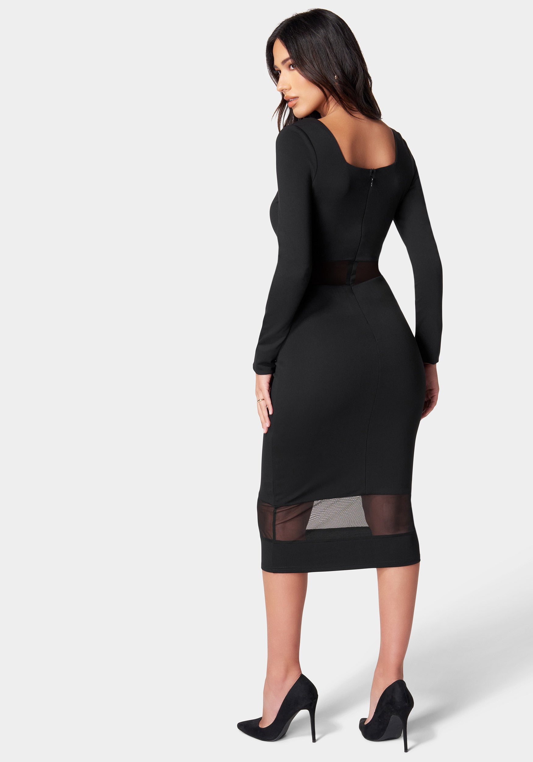Square Neck Mesh Inset Dress | bebe