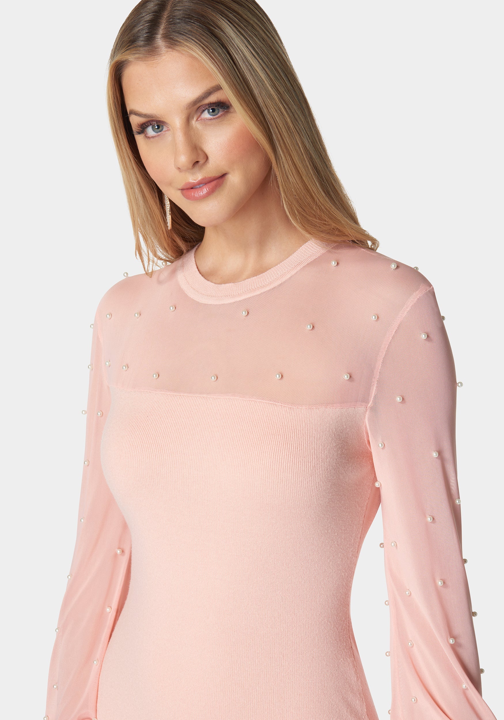 Pearl Mesh Midi Sweater Dress | bebe