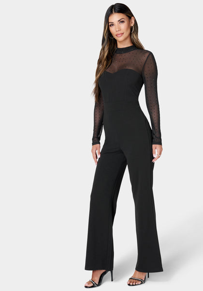 Sparkle Mesh Inset Jumpsuit | bebe