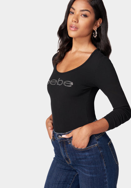 Long Sleeve Scoop Neck Bebe Logo Rib Top | bebe
