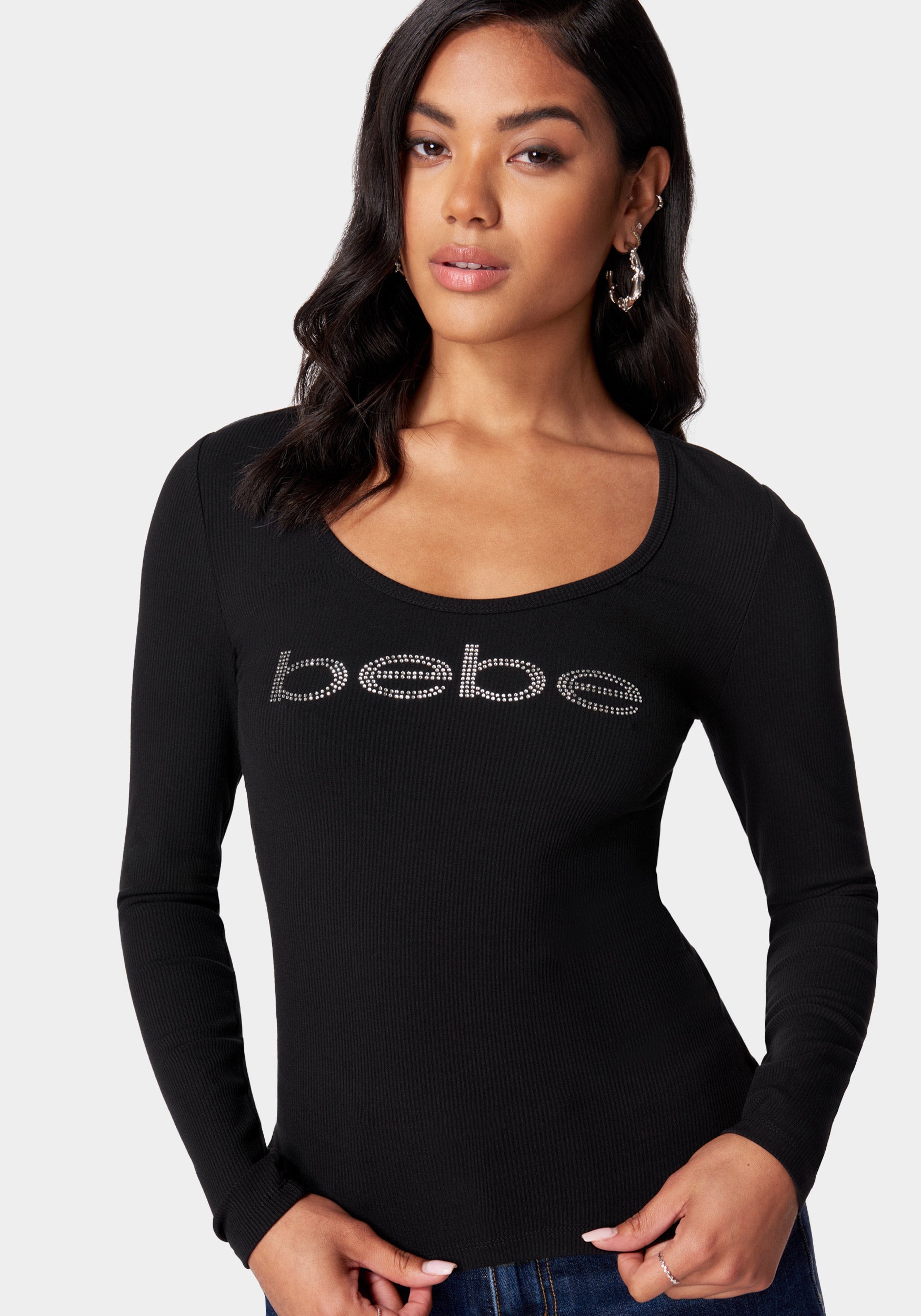Long Sleeve Scoop Neck Bebe Logo Rib Top | bebe