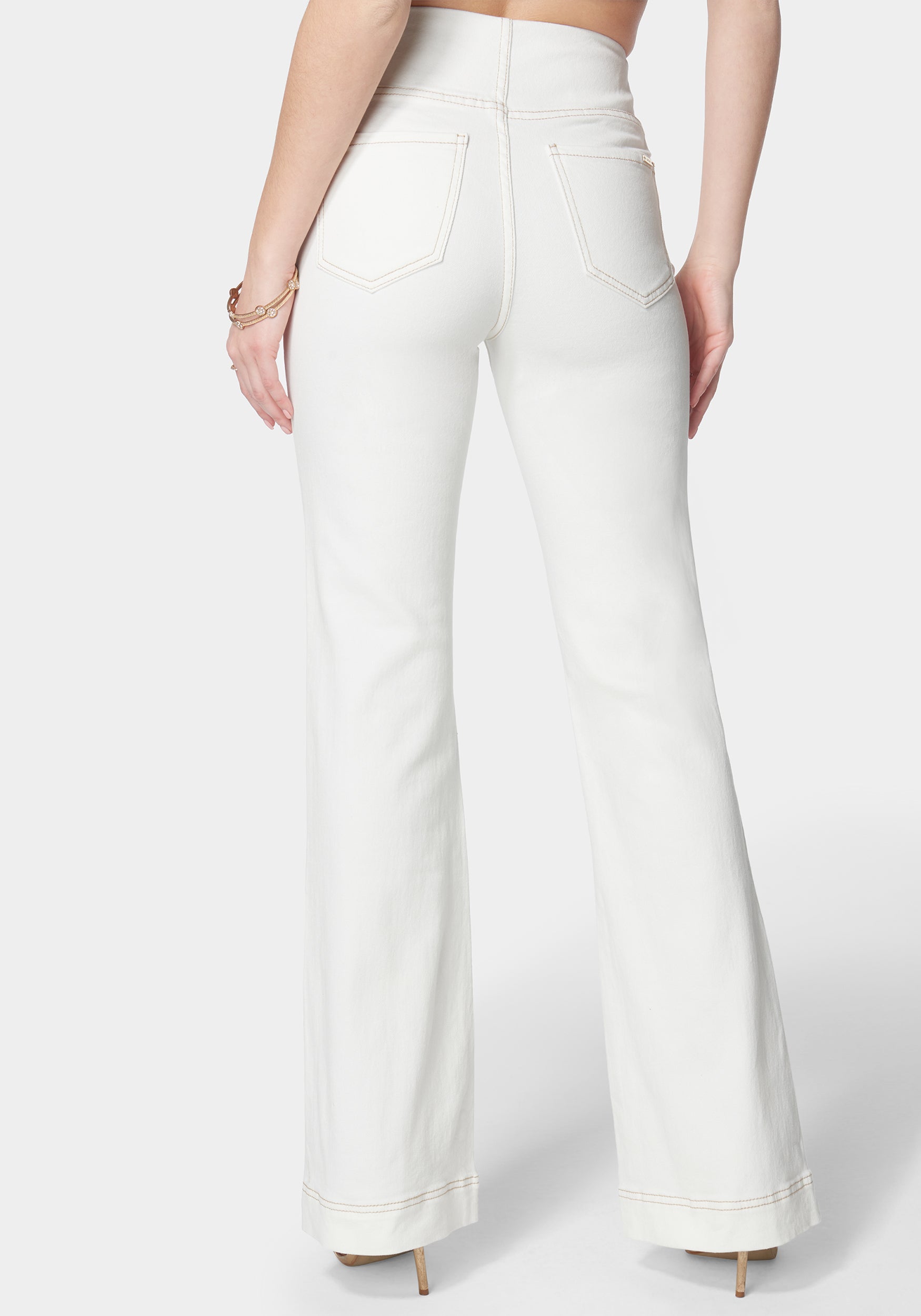 High Waist Flared Wide Leg Button Detail Jeans | bebe