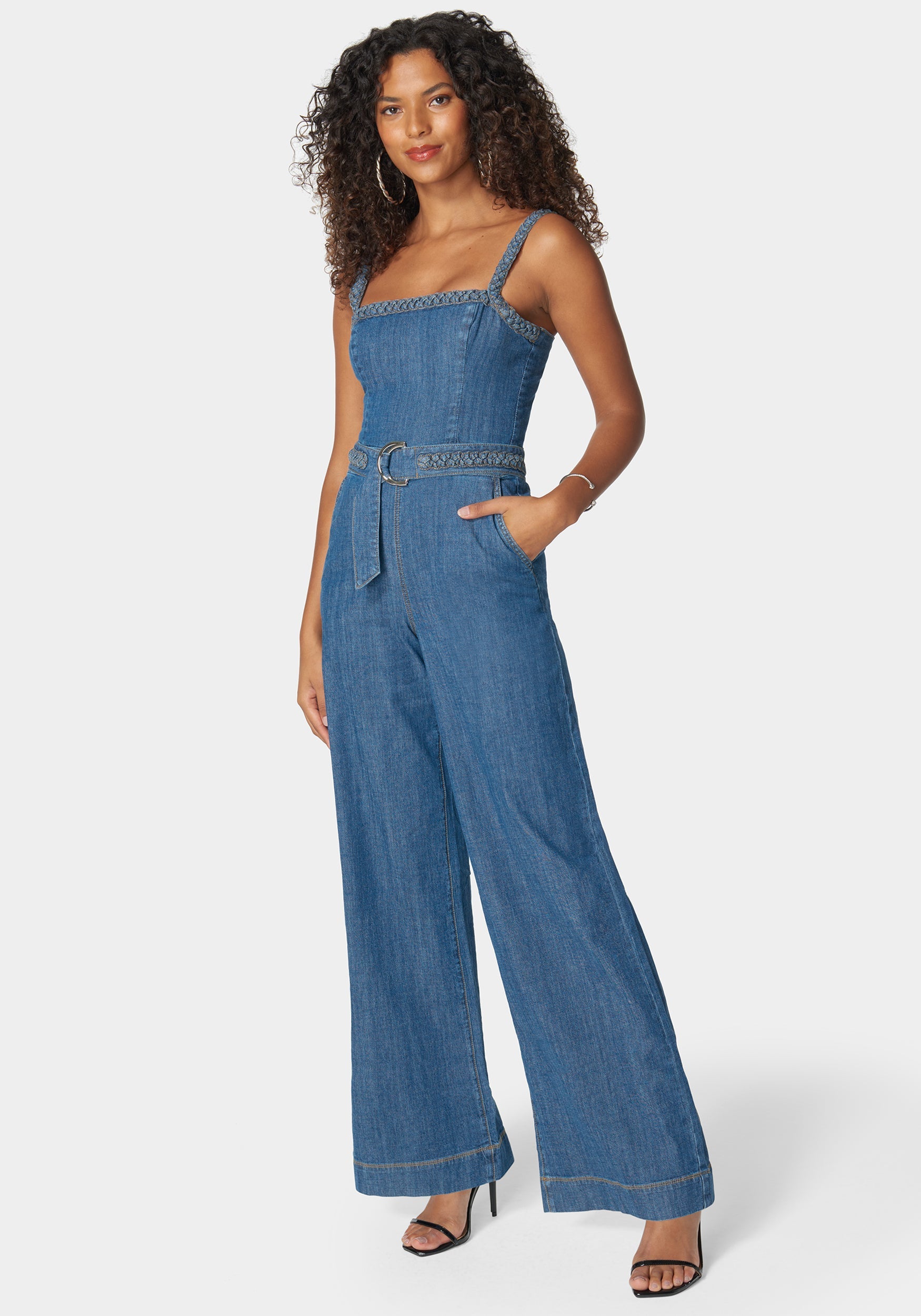 Braided Detail Ultra Wide Leg Denim Jumpsuit | bebe