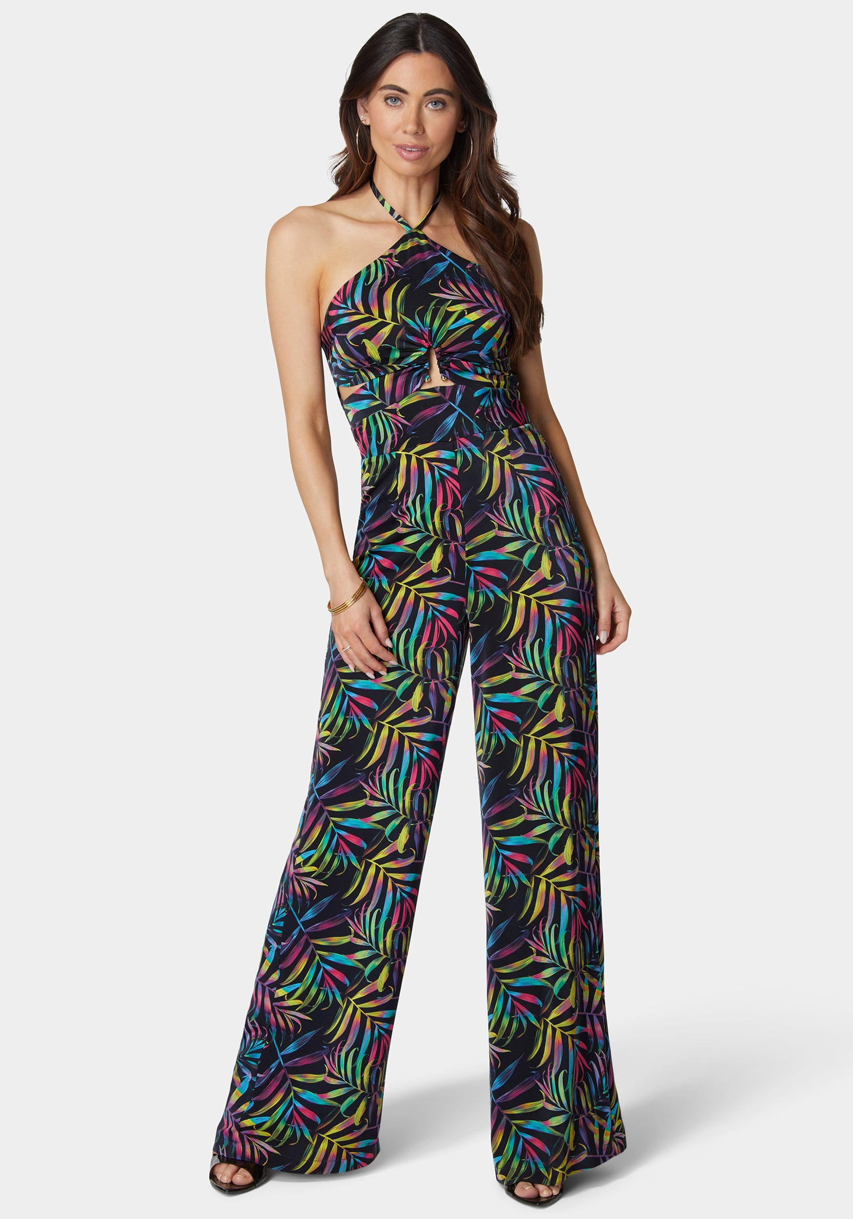 Halter Front Cut Out Ultra Wide Leg Jumpsuit – bebe