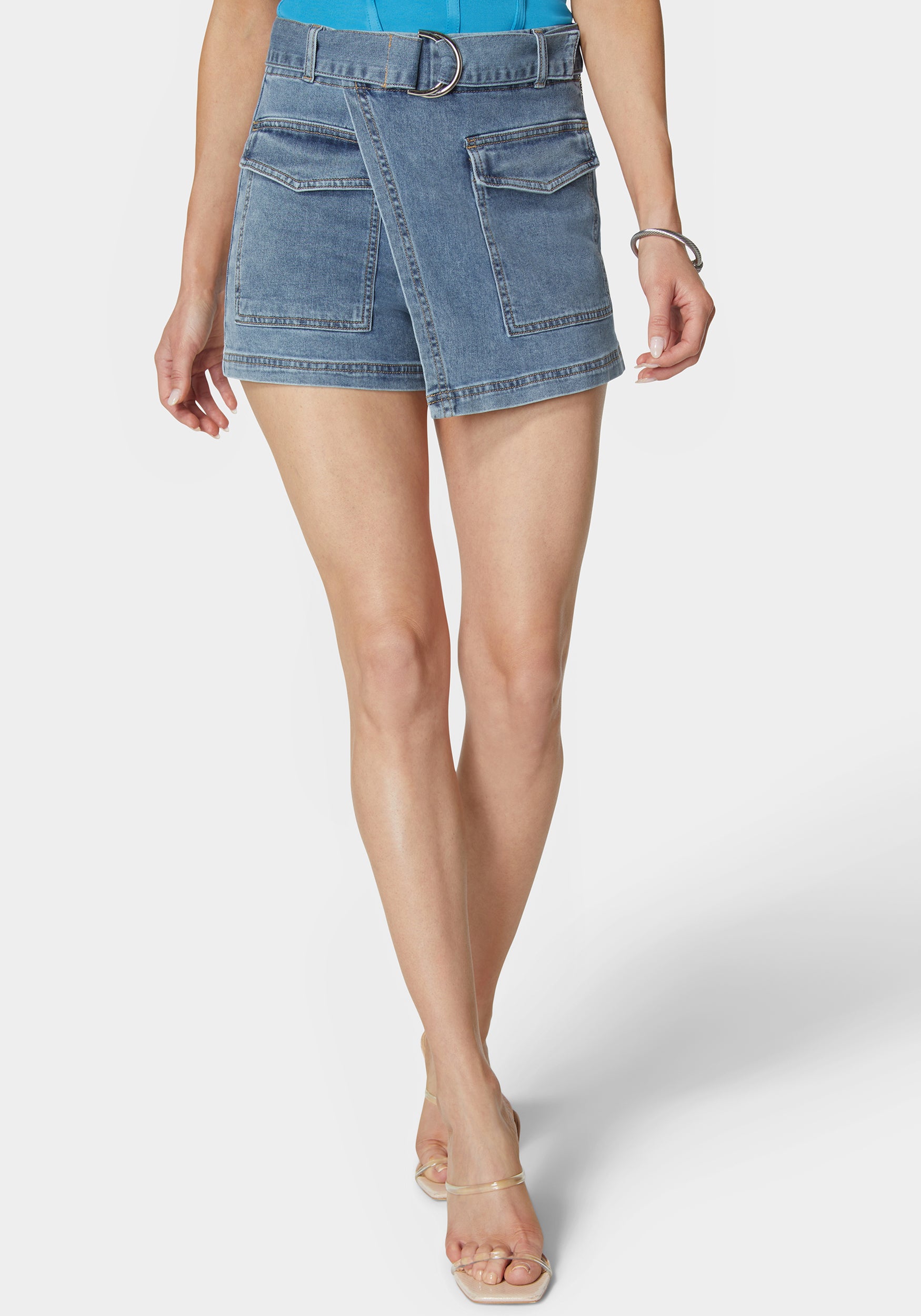 Belted Patch Pocket Mini Denim Skort – bebe