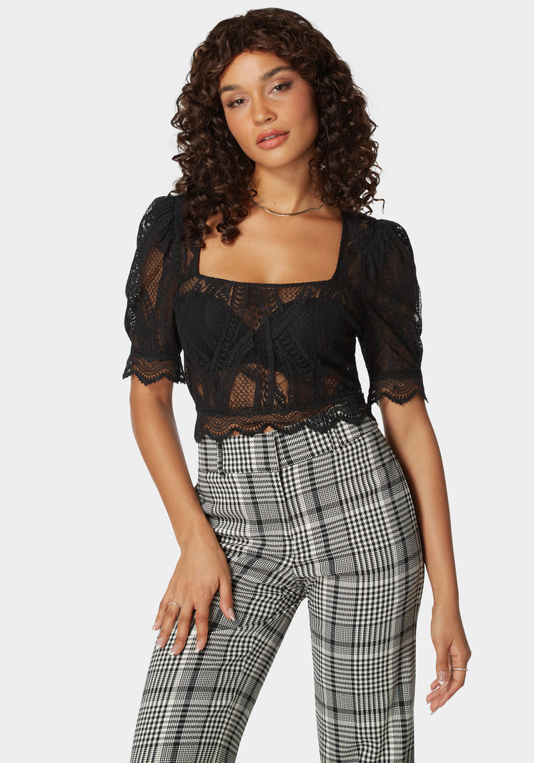 Scallop Hem Lace Trapeze Neck Top | bebe