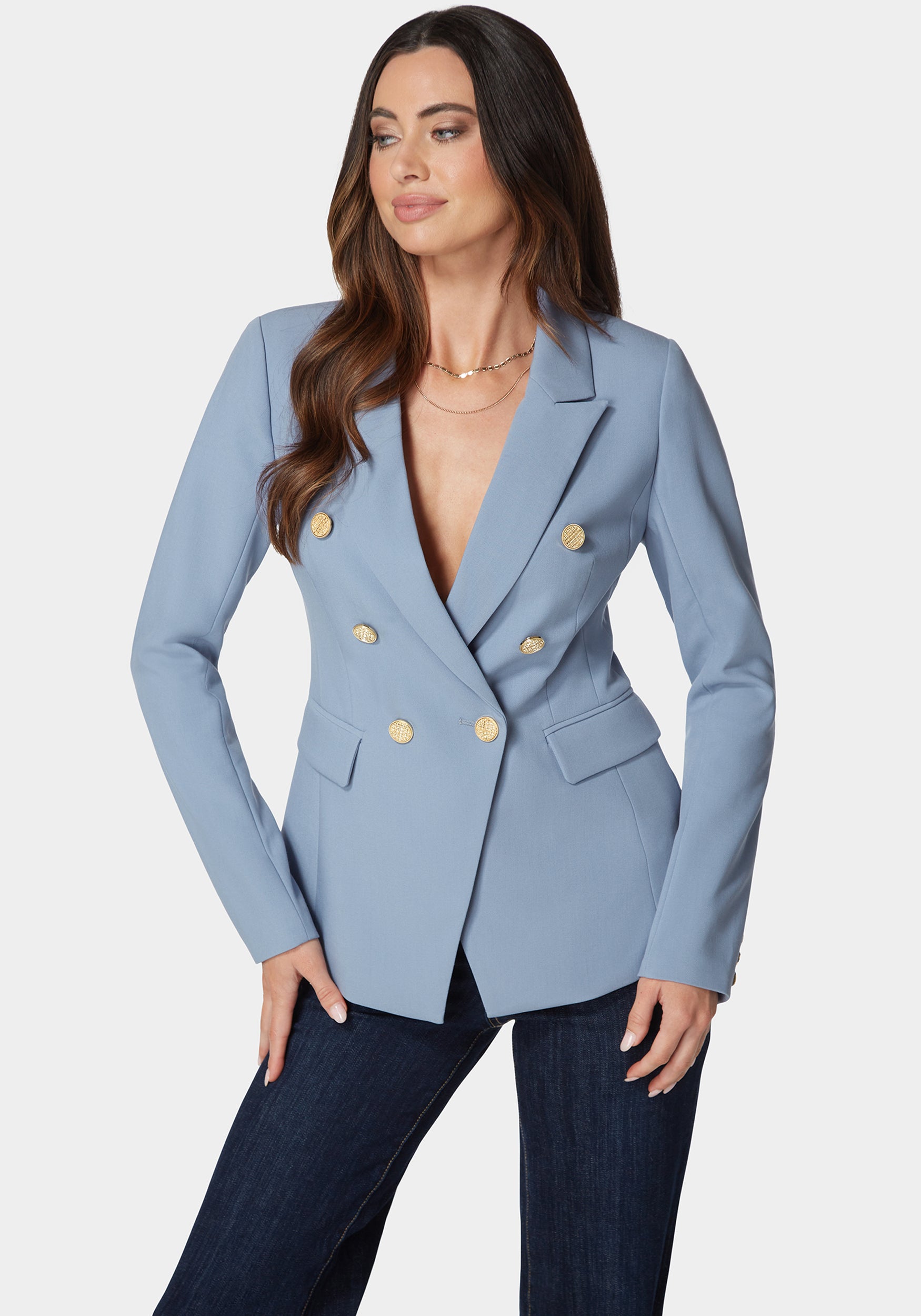 Double Breast Tailored Woven Twill Blazer | bebe