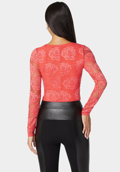 Scallop Edge Long Sleeve Lace Bodysuit | bebe
