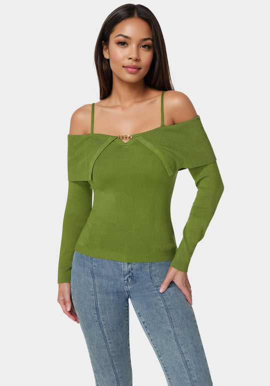 Off Shoulder Fold Over Chain Detail Sweater Spinach Green - bebe