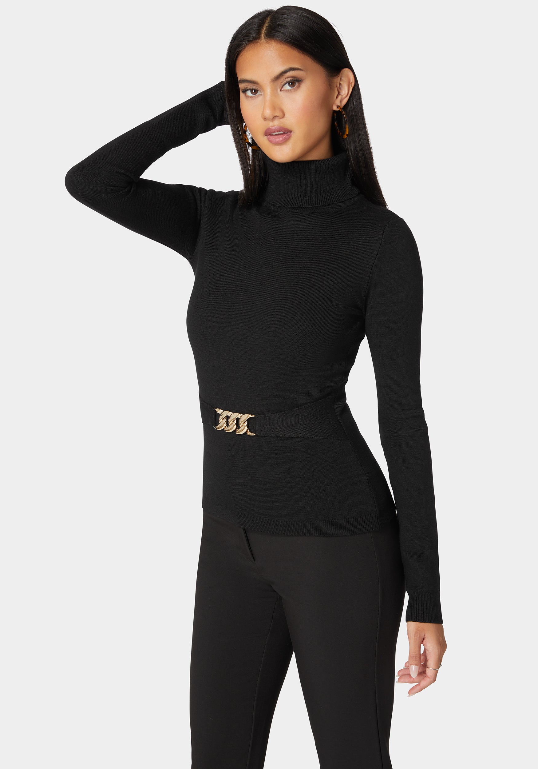 Fitted Turtle Neck Ornate Belt Sweater | bebe