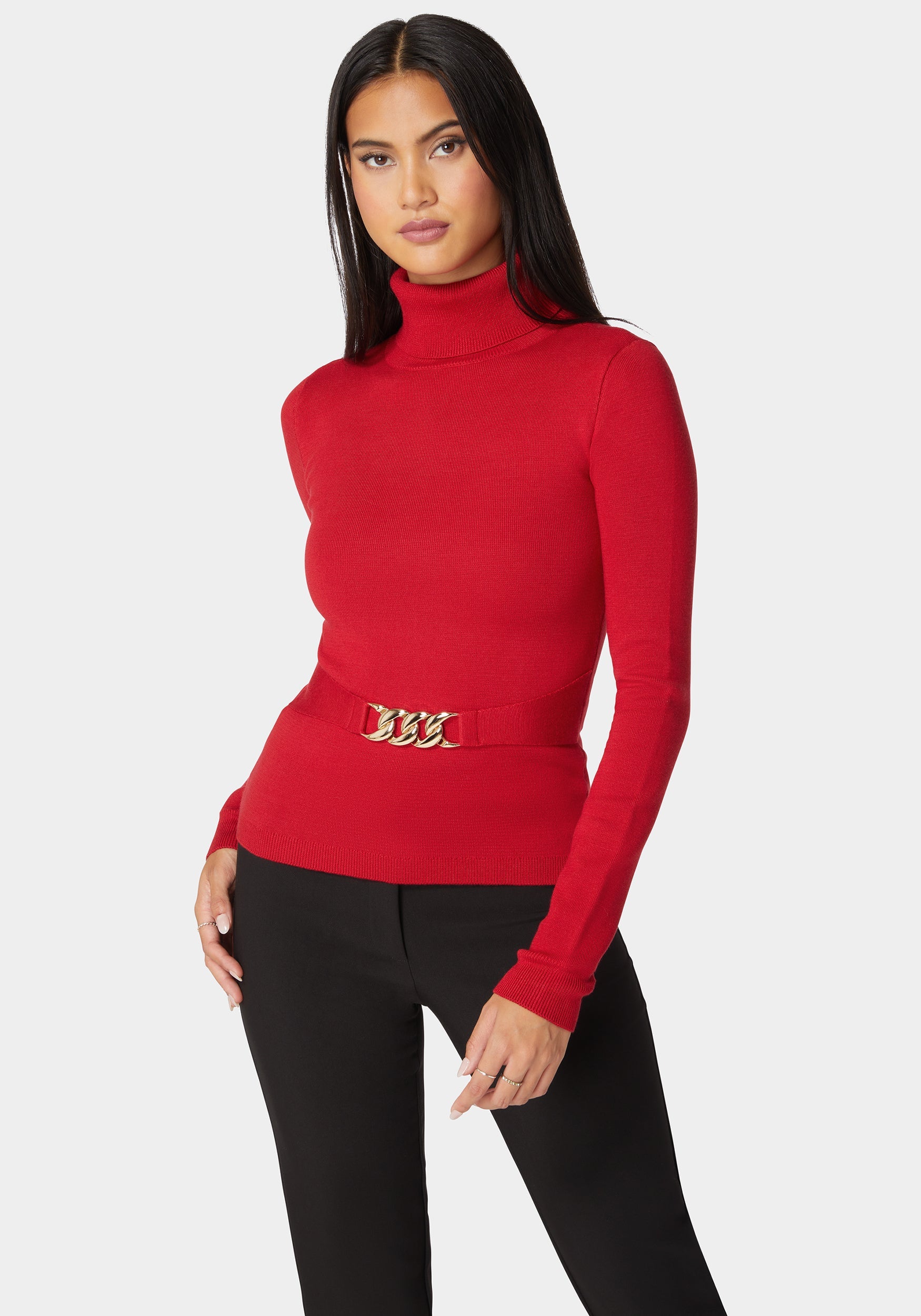 Fitted Turtle Neck Ornate Belt Sweater – bebe