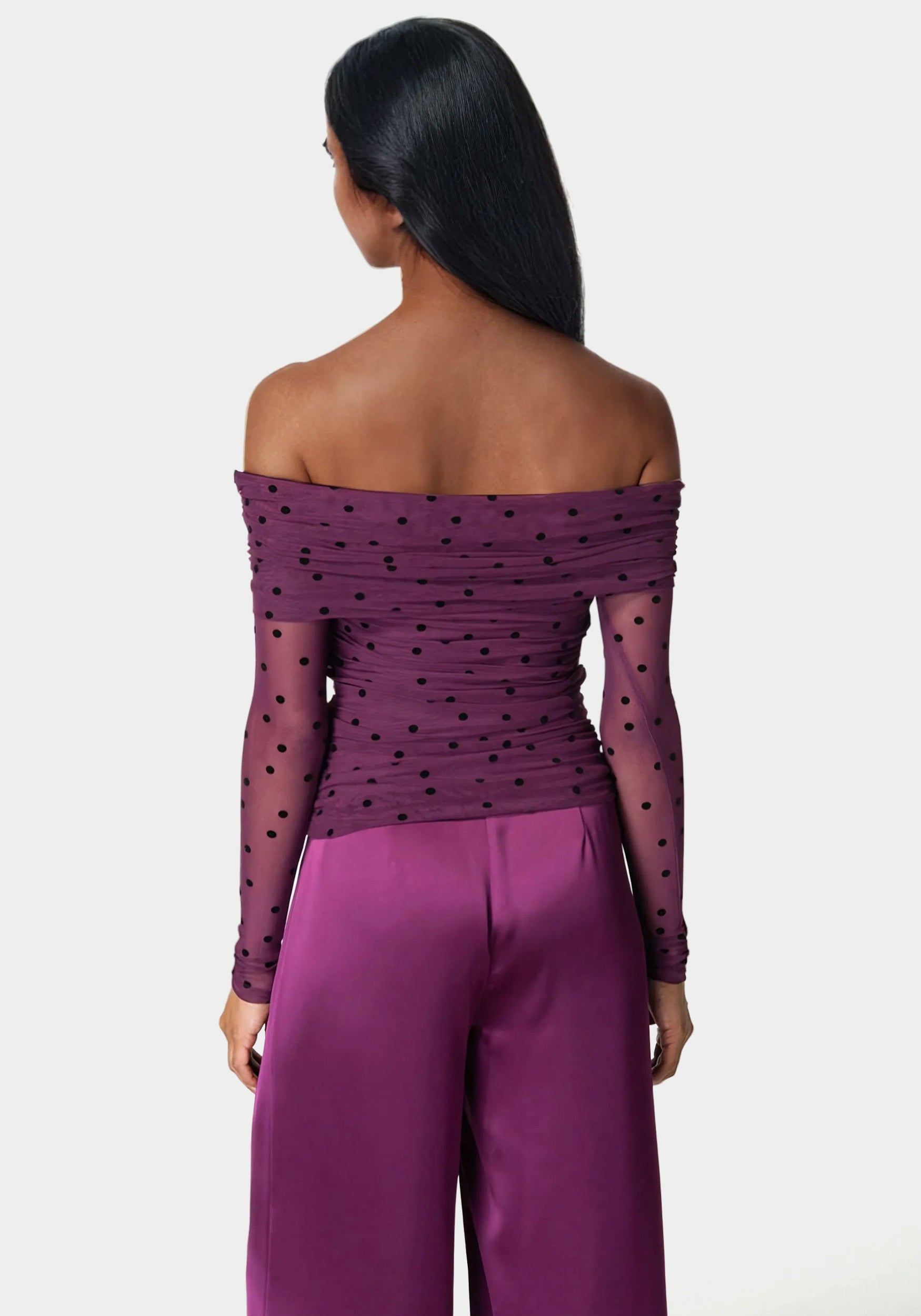 Off Shoulder Flocked Mesh Top | bebe