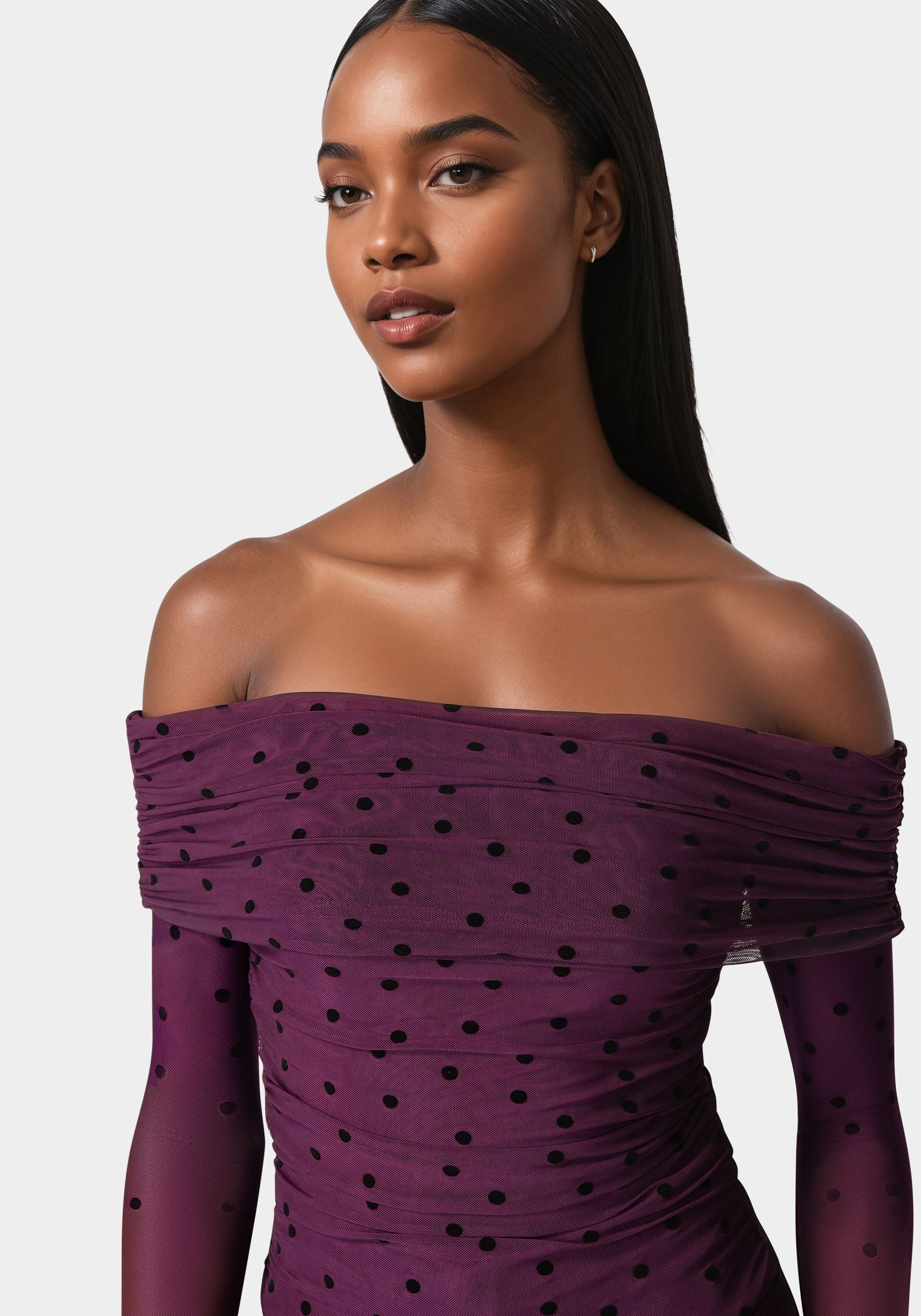 Off Shoulder Flocked Mesh Top | bebe