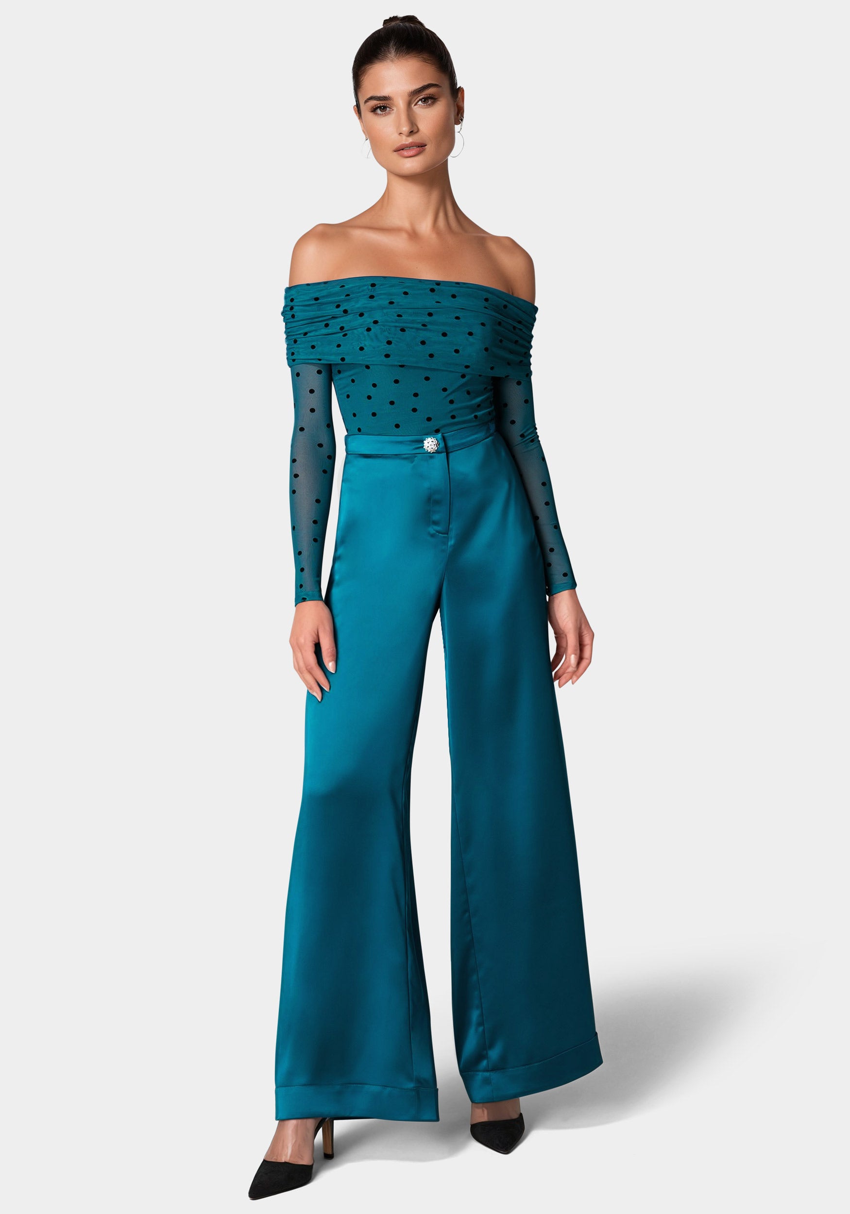 Off Shoulder Flocked Mesh Top – bebe