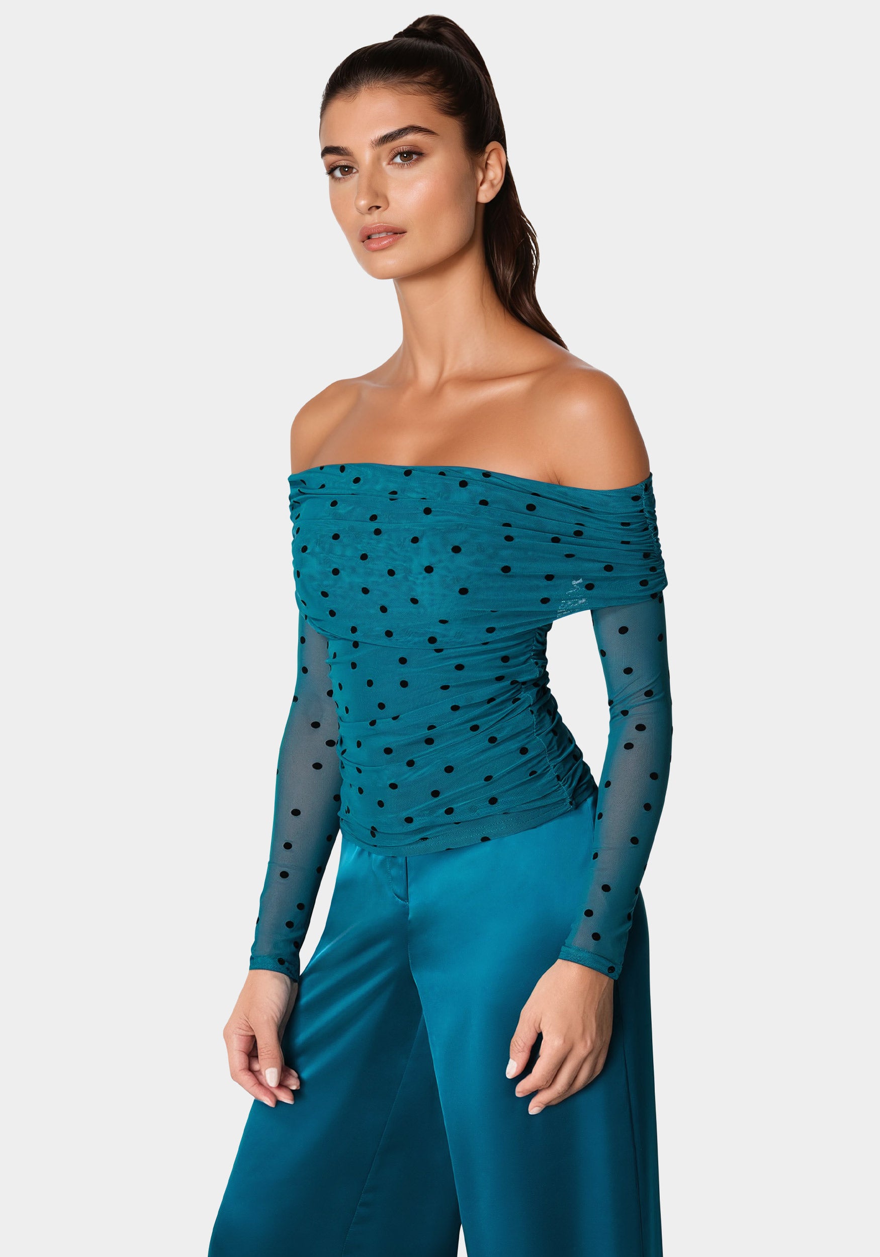 Off Shoulder Flocked Mesh Top | bebe