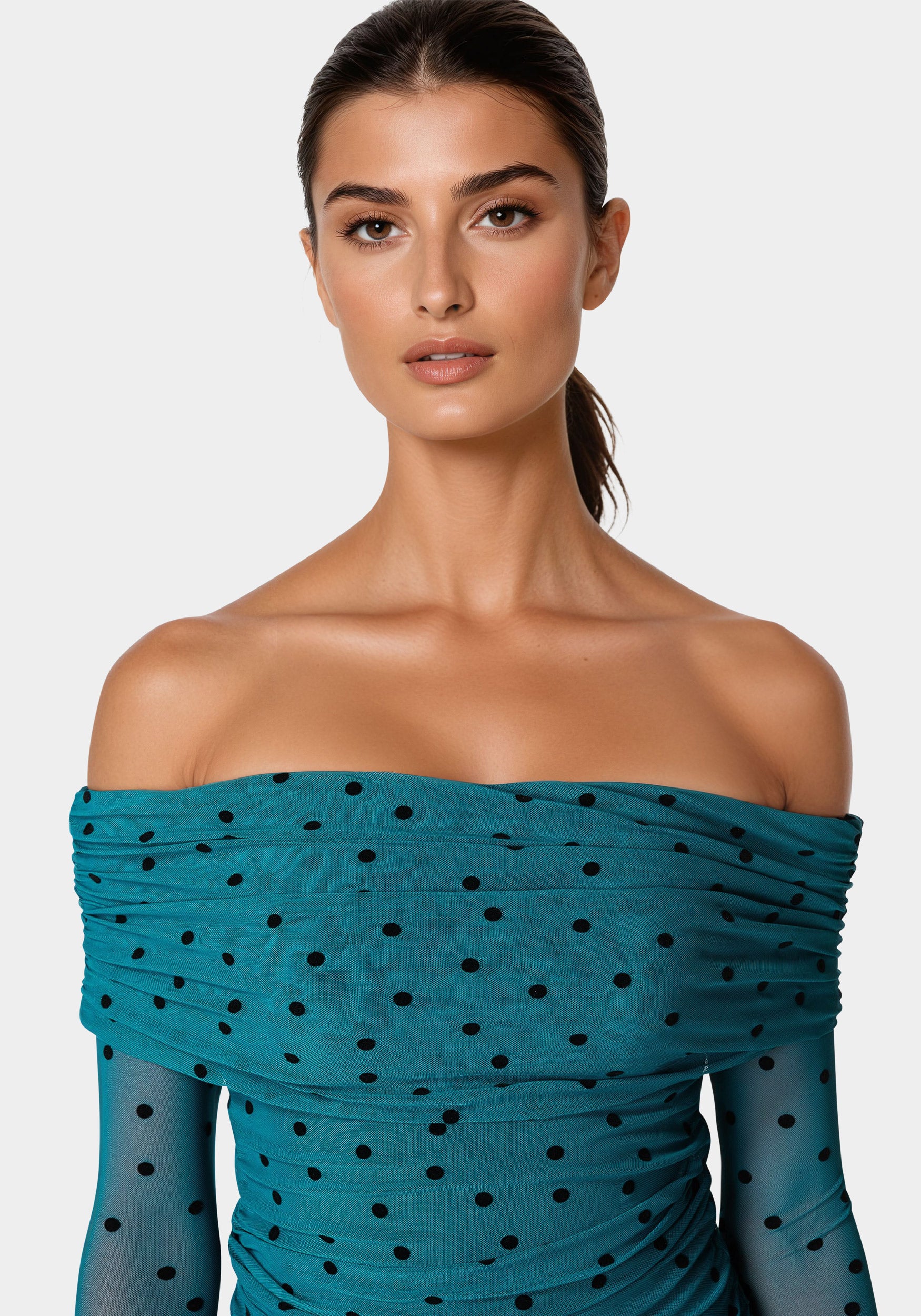 Off Shoulder Flocked Mesh Top | bebe