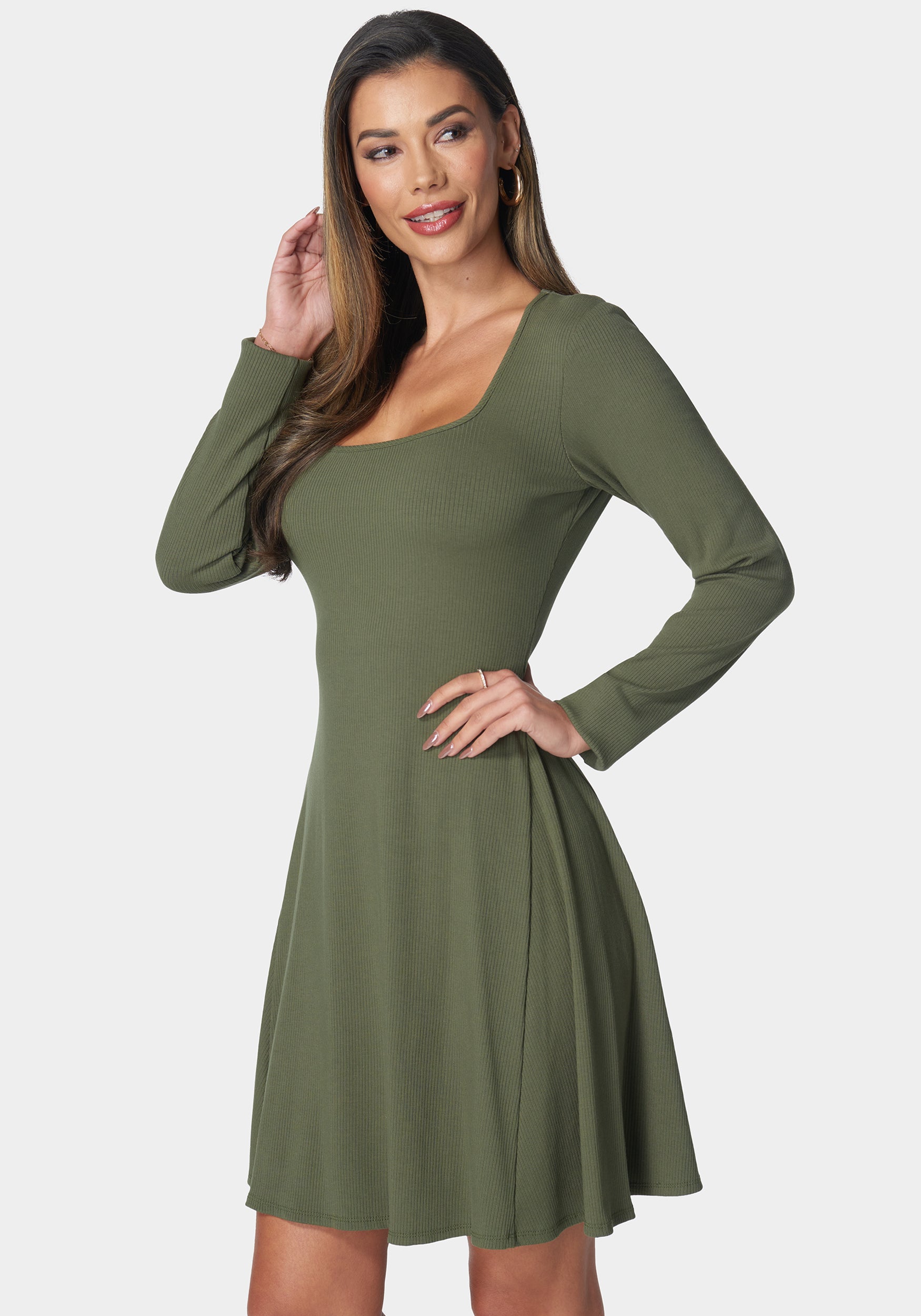 Rib Long Sleeve Godet Dress | bebe