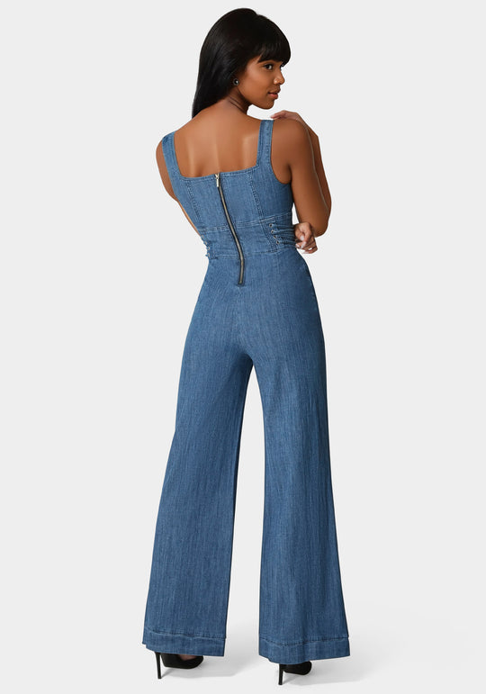 Lace Up Wide Leg Denim Jumpsuit – bebe
