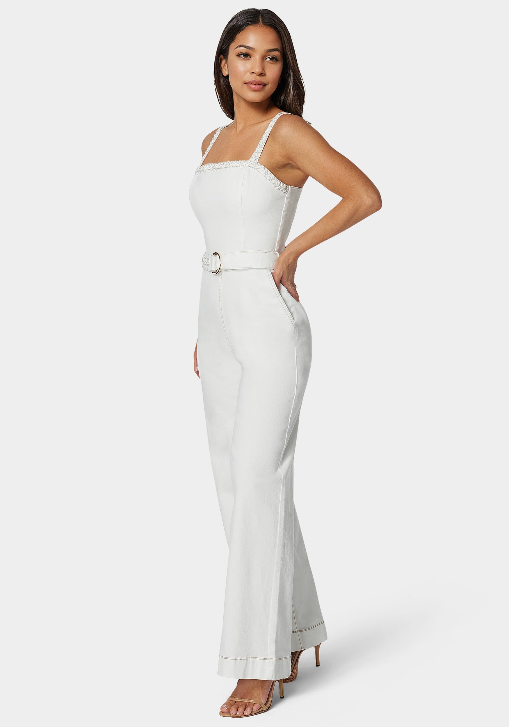 White Braided Wide Leg Denim Jumpsuit | bebe