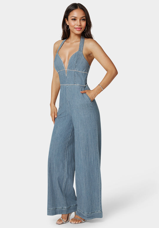 Embellished Wide Leg Halter Denim Jumpsuit – bebe