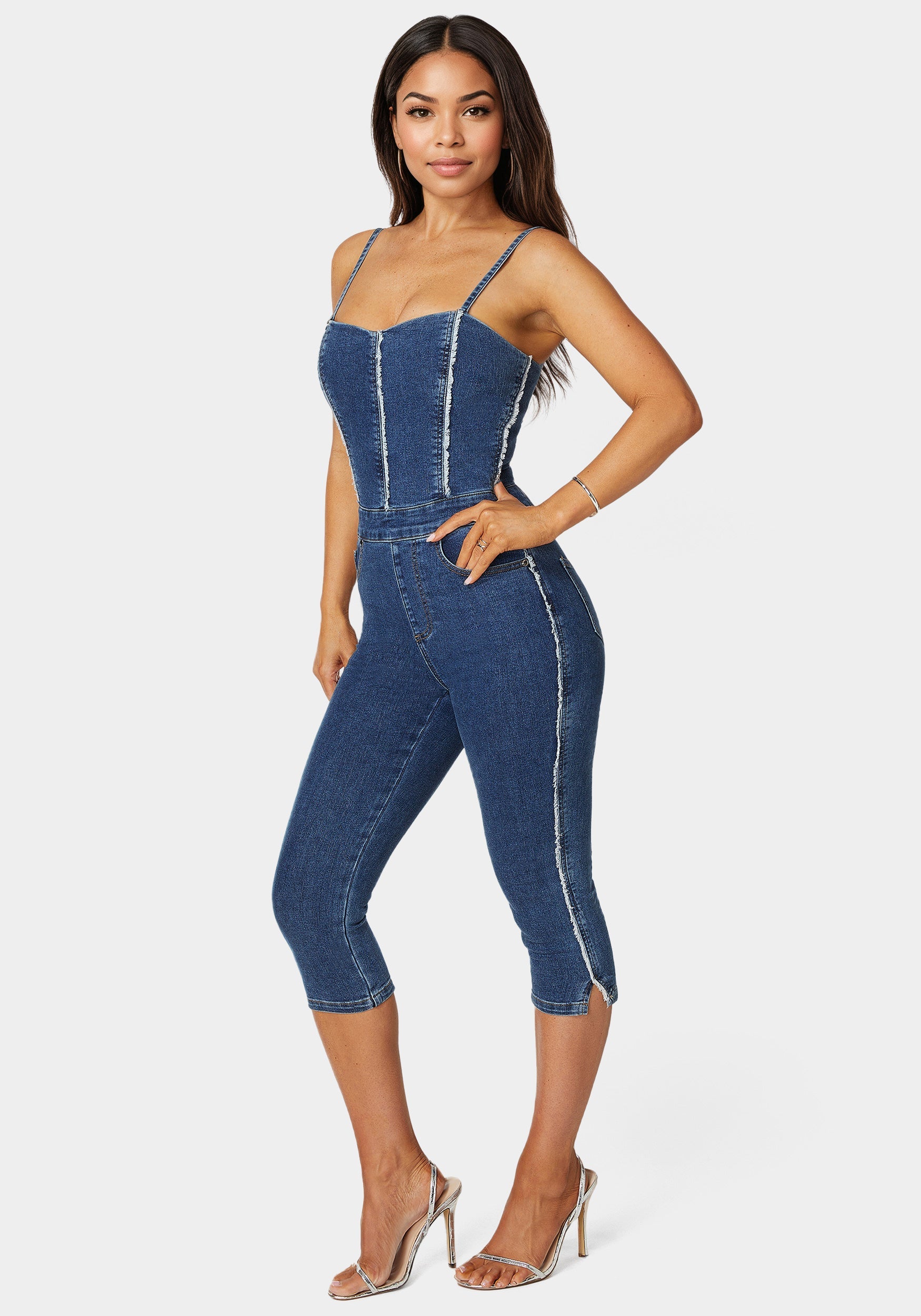 Fitted Capri Denim Jumpsuit | bebe