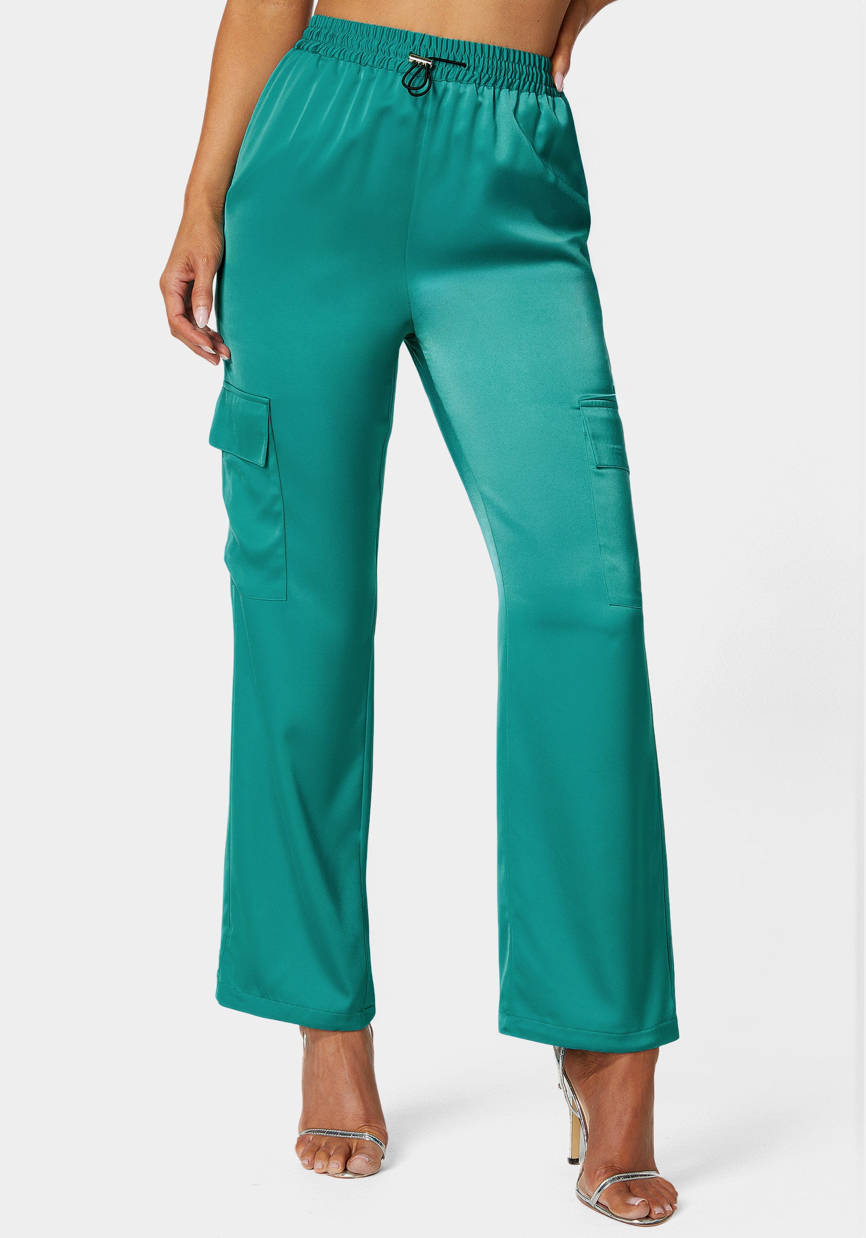 Luxe Satin Cargo Jogger in Tropical Green - bebe