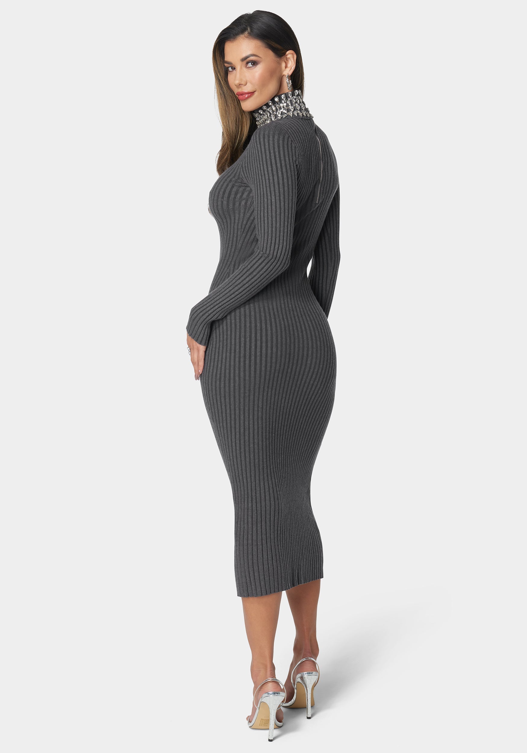 Crystal Neck Midi Sweater Dress Bebe