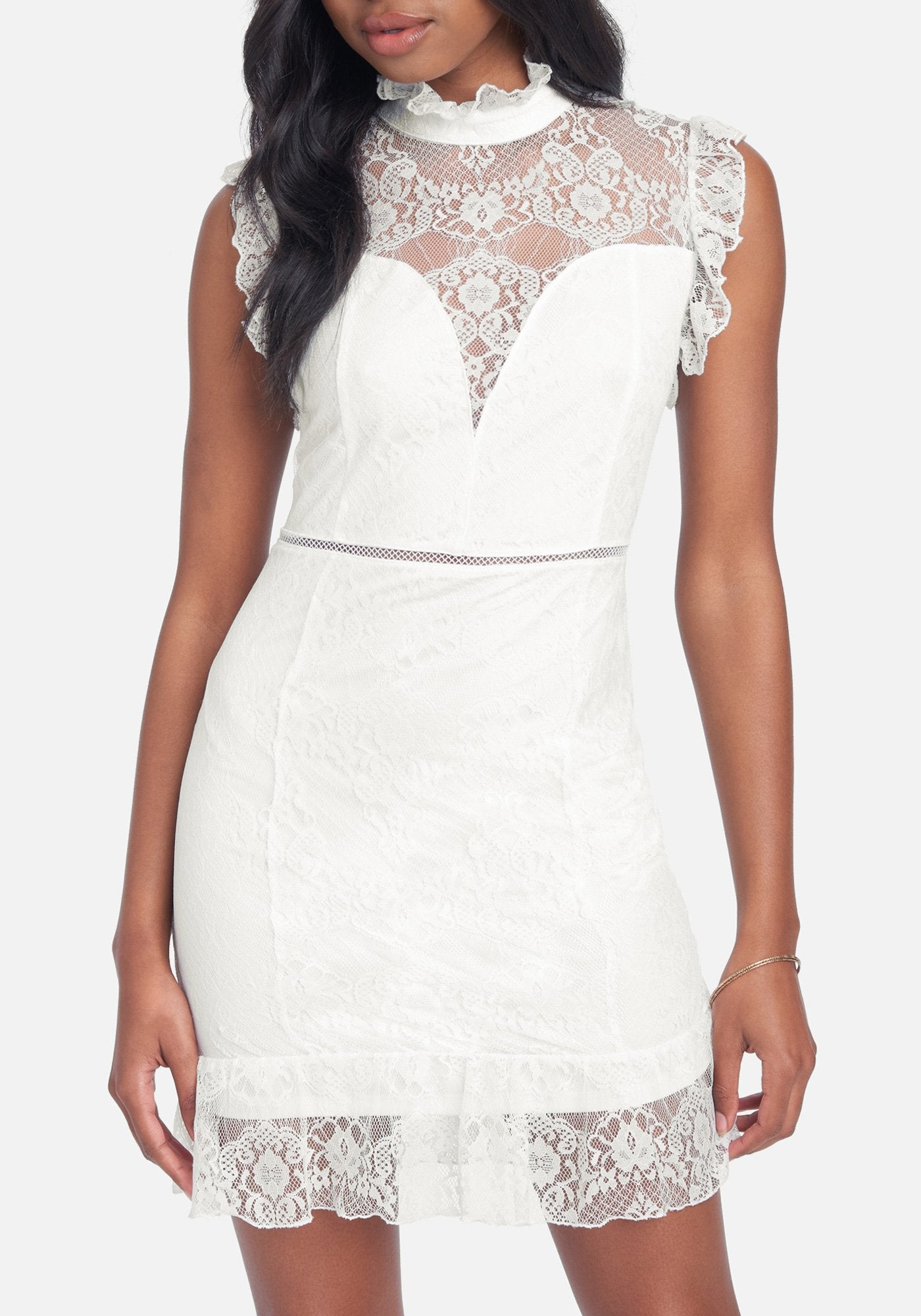 Ruffle Mock Neck Lace Dress – bebe