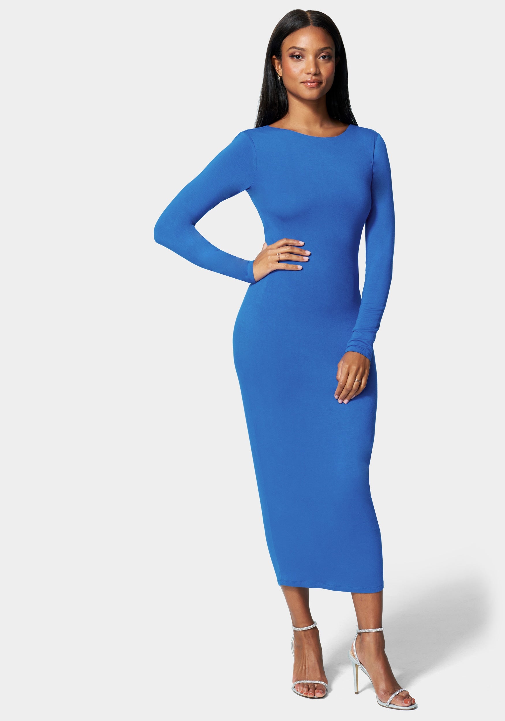Open Back Ankle Dress in Blue Lolite - bebe