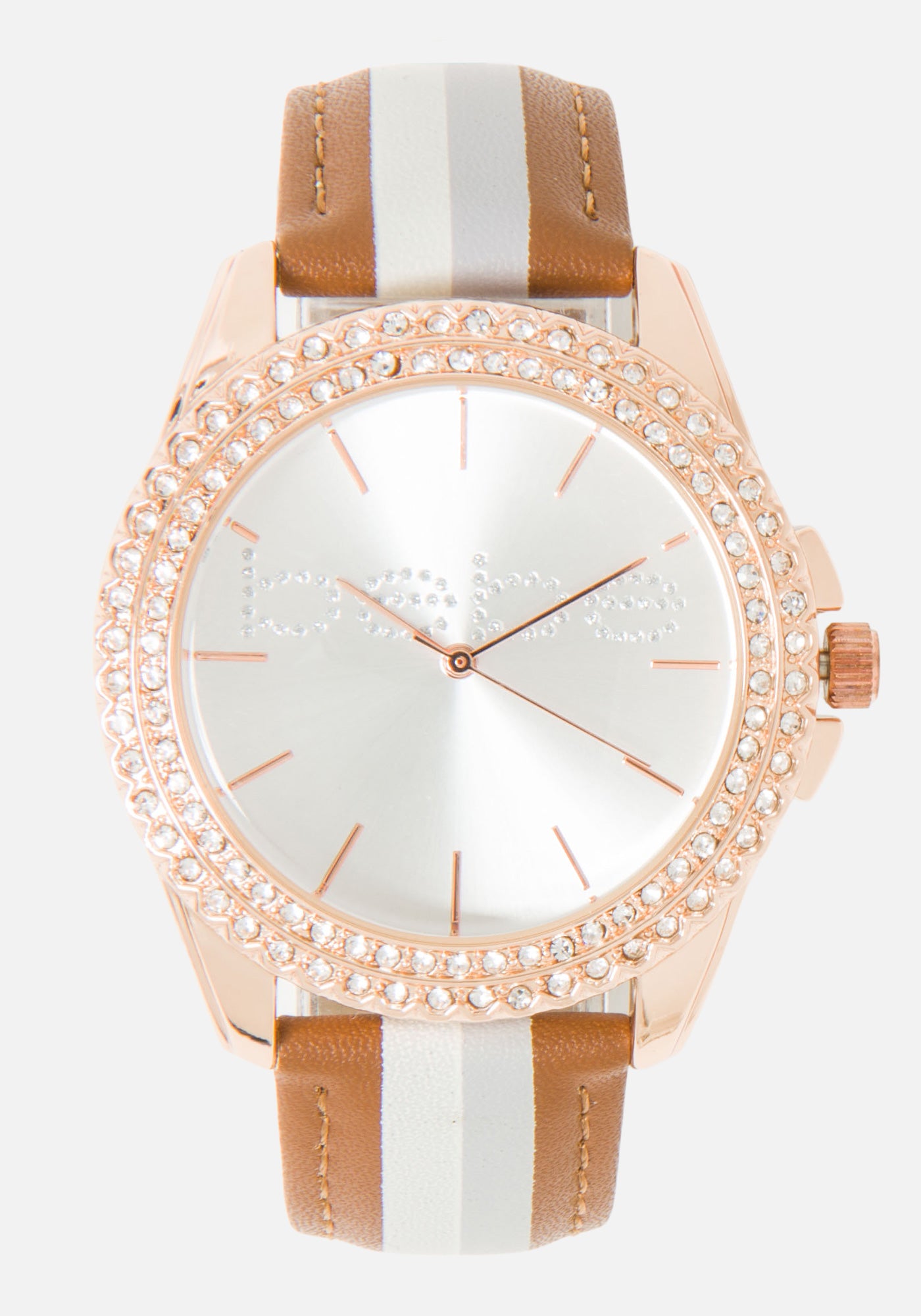 Brown Crystal Bebe Logo Stripe Band Watch | bebe