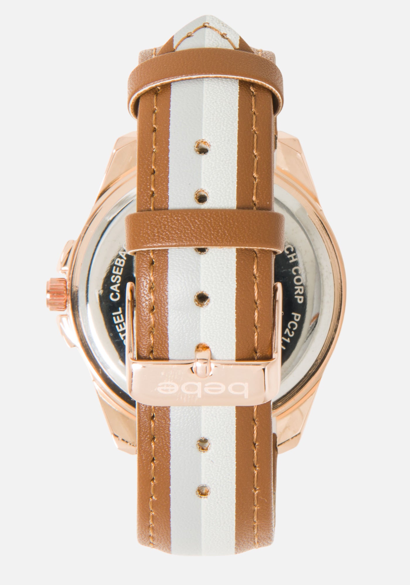 Brown Crystal Bebe Logo Stripe Band Watch | bebe