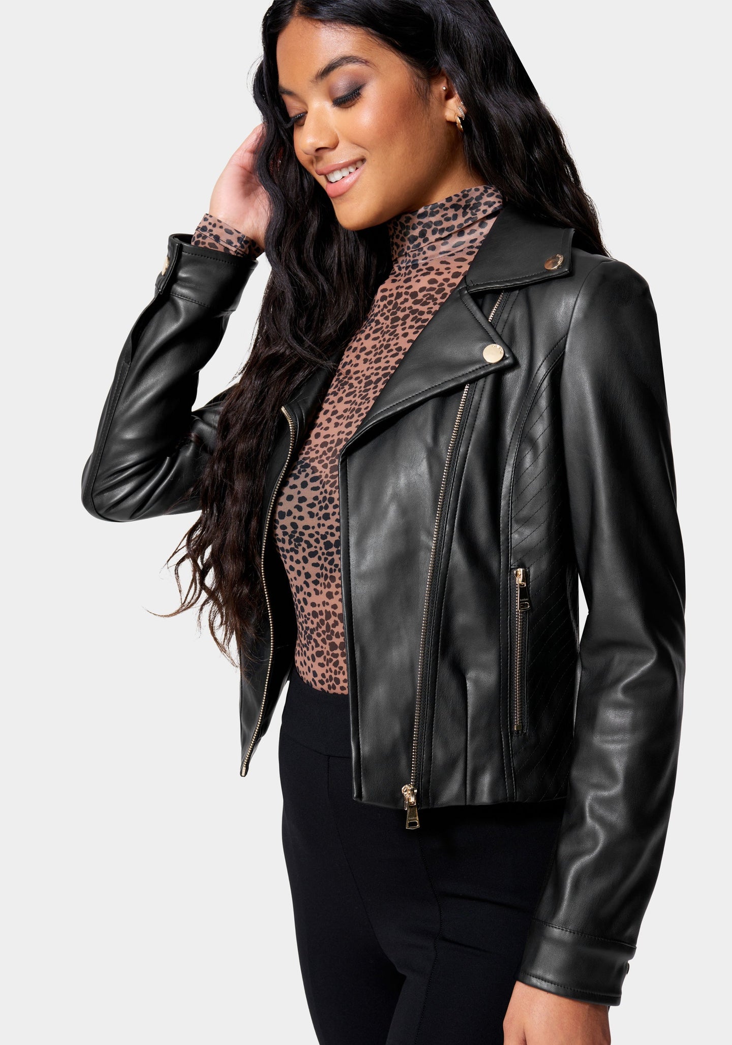 Bebe Peplum Moto Leather Jacket