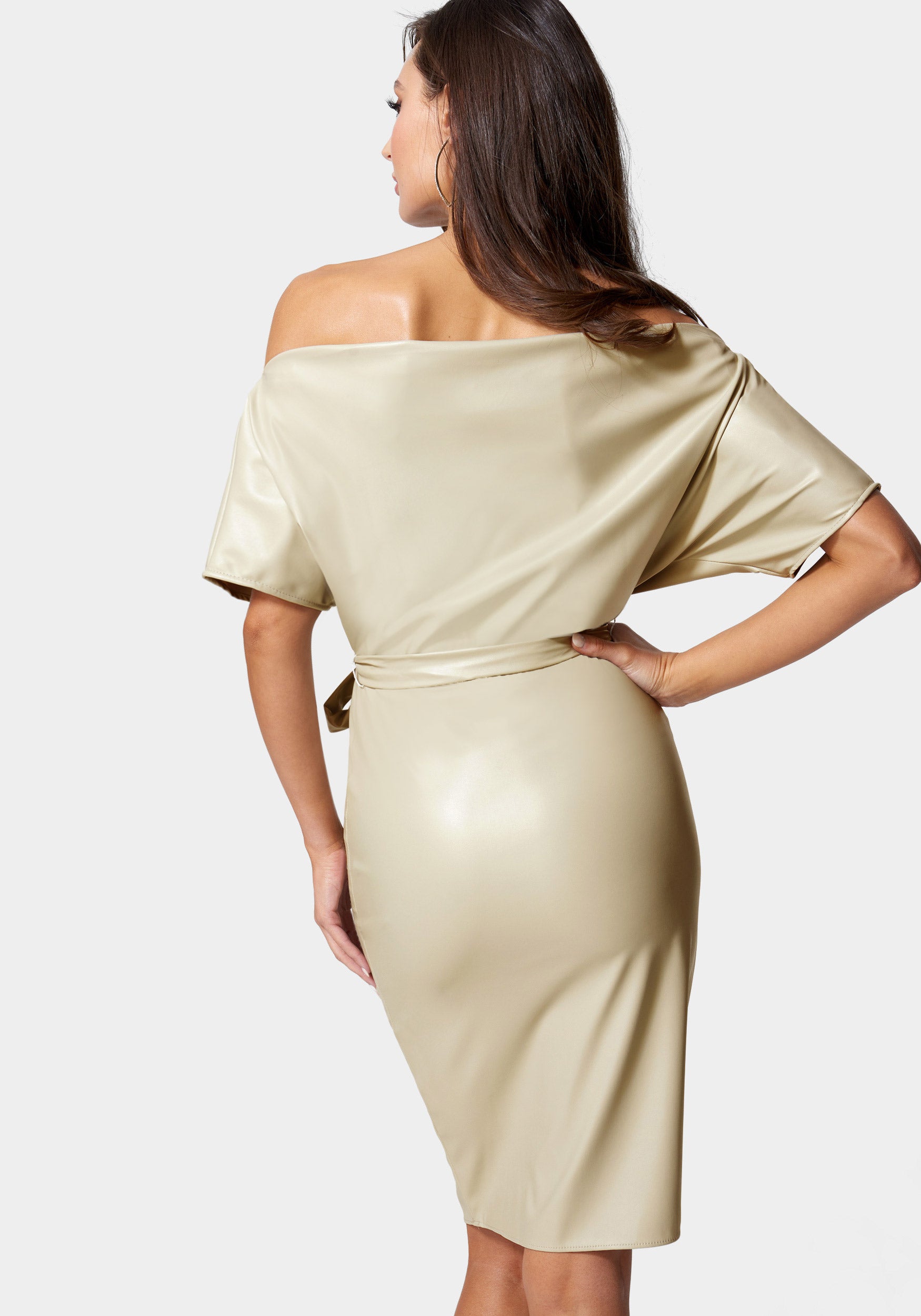 Dolman Sleeve Vegan Leather Pencil Dress | bebe