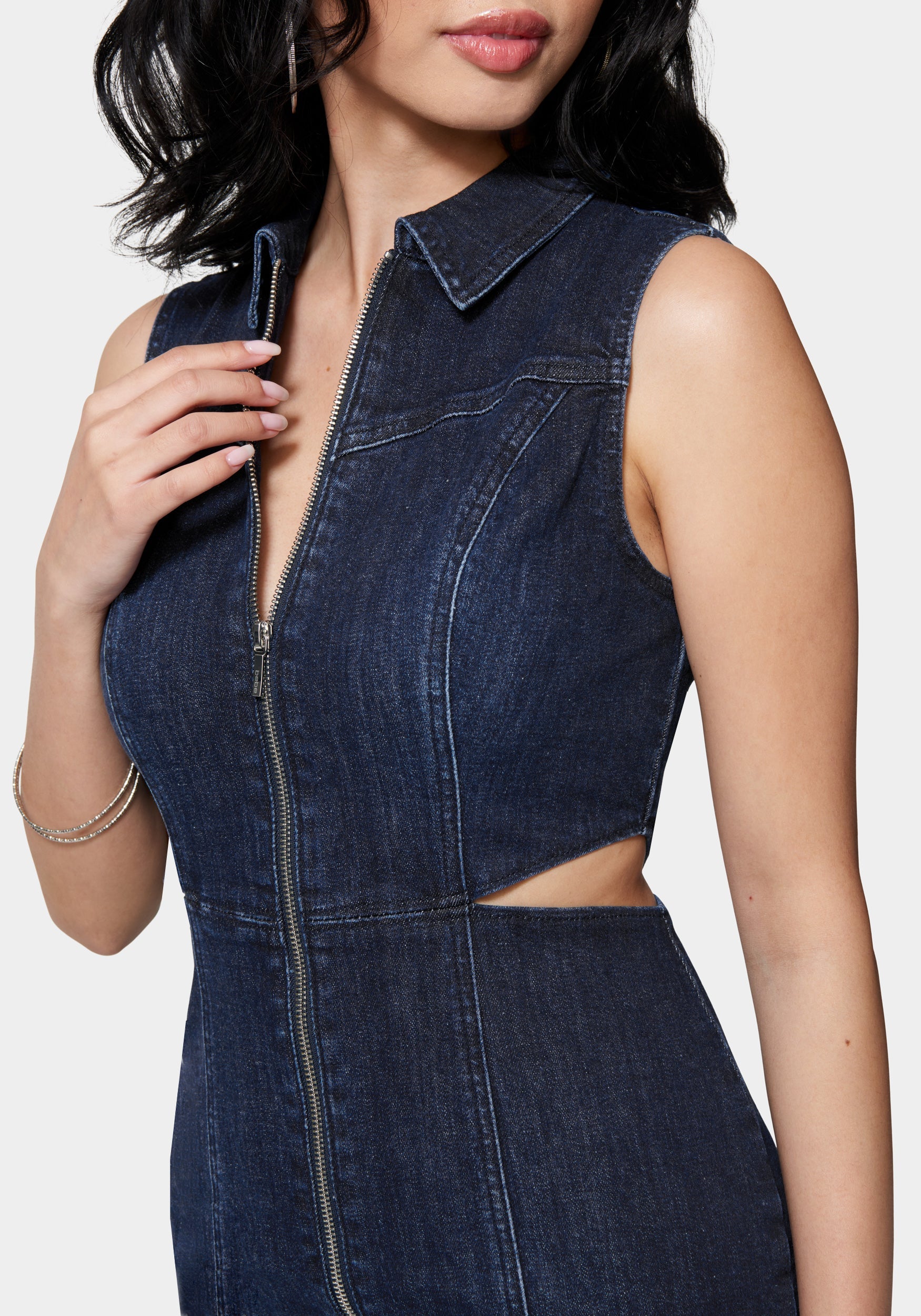 Front Zip Side Cut Out Denim Dress | bebe