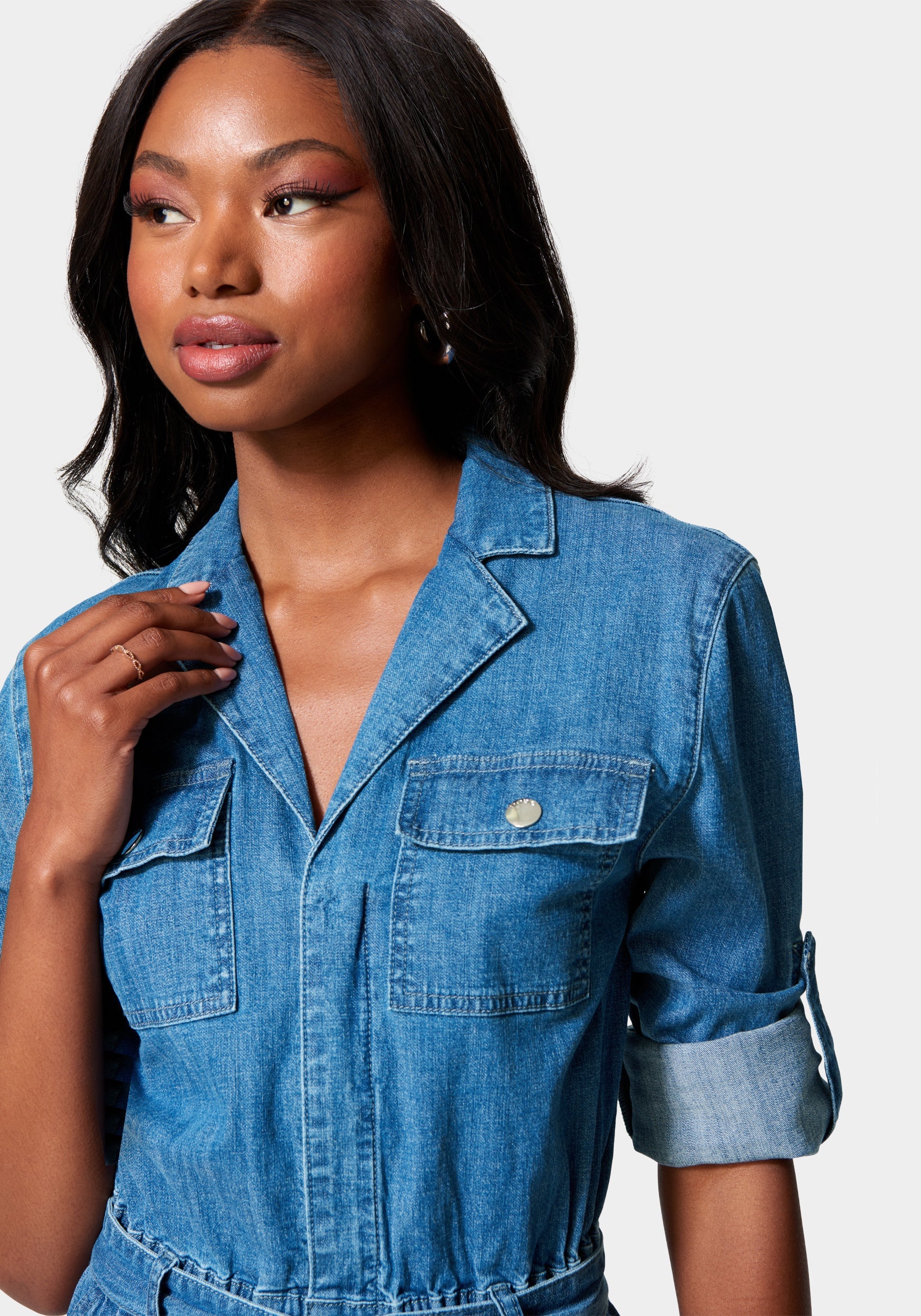 Lightweight Denim Cargo Style Straight Leg Jumpsuit | bebe