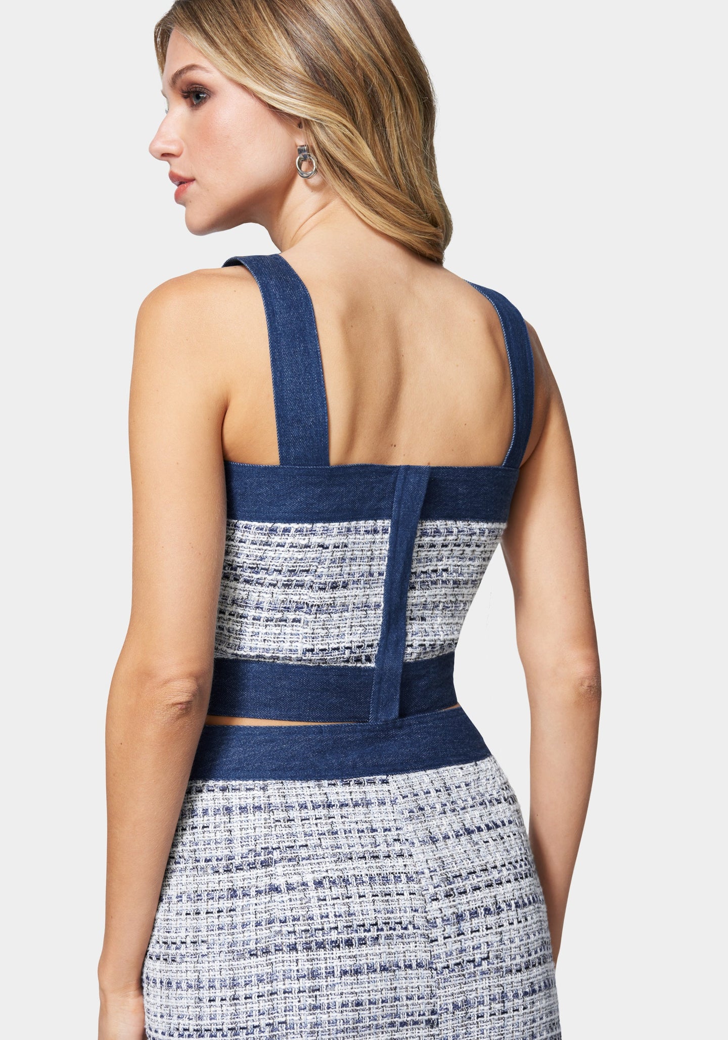 Tweed & Denim Button Front Bustier | bebe